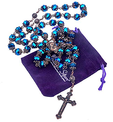 Nazareth Store Men Deep Blue Crystallized Beads Rosary Handmade Prayer Necklace Holy Soil Medal and Cross Crucifix