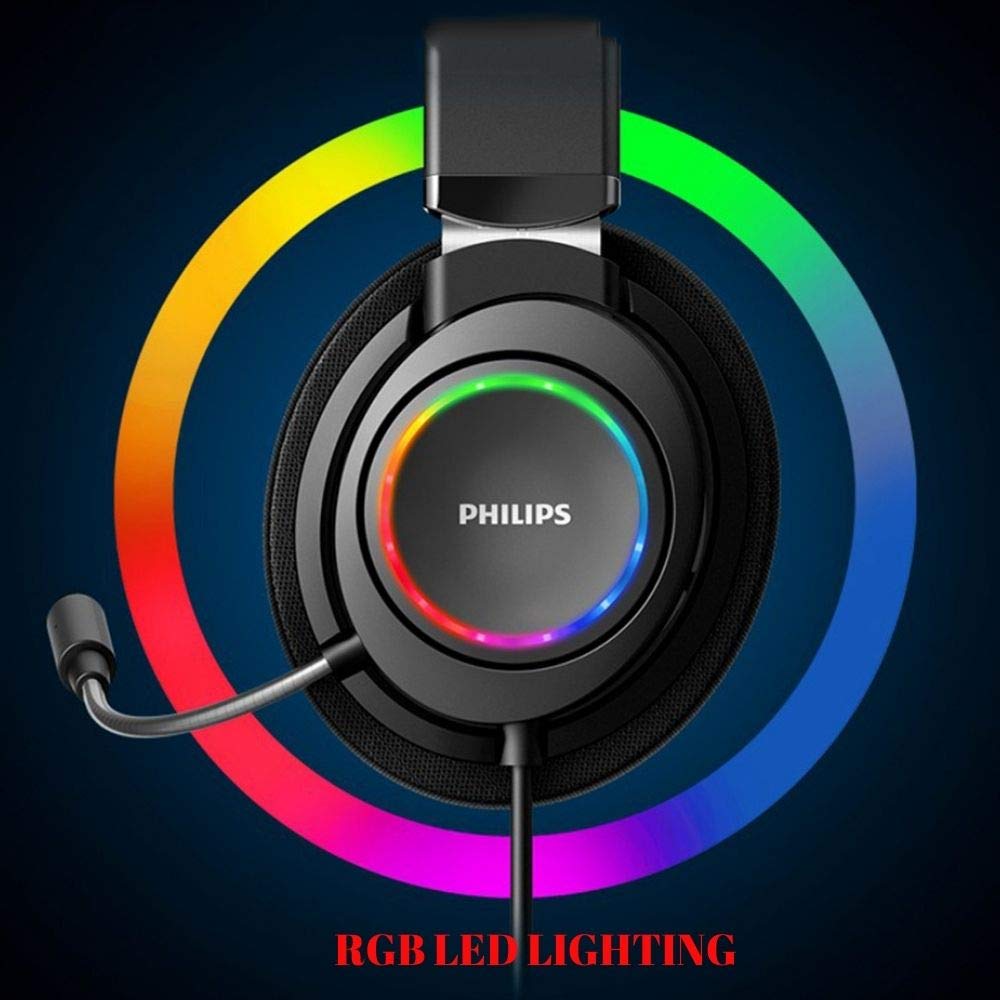 Philips Audio USB Computer Gaming Headset with Microphone, 7.1 Surround Sound, Comfort Fit Wired Headphones with RGB LED Lighting, Black (TAG6105)