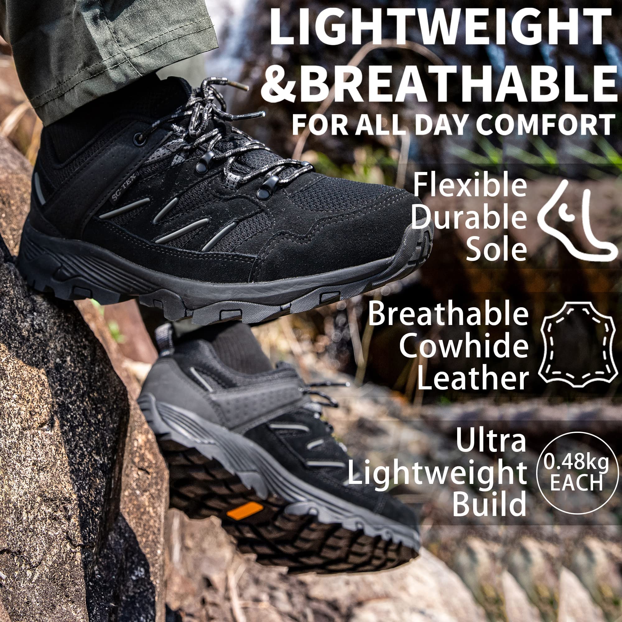 SILENTCARE Men's Waterproof Hiking Shoes Non-Slip Comfortable Outdoor Walking Hike Footwear(Medium, Black Grey,Numeric_10)