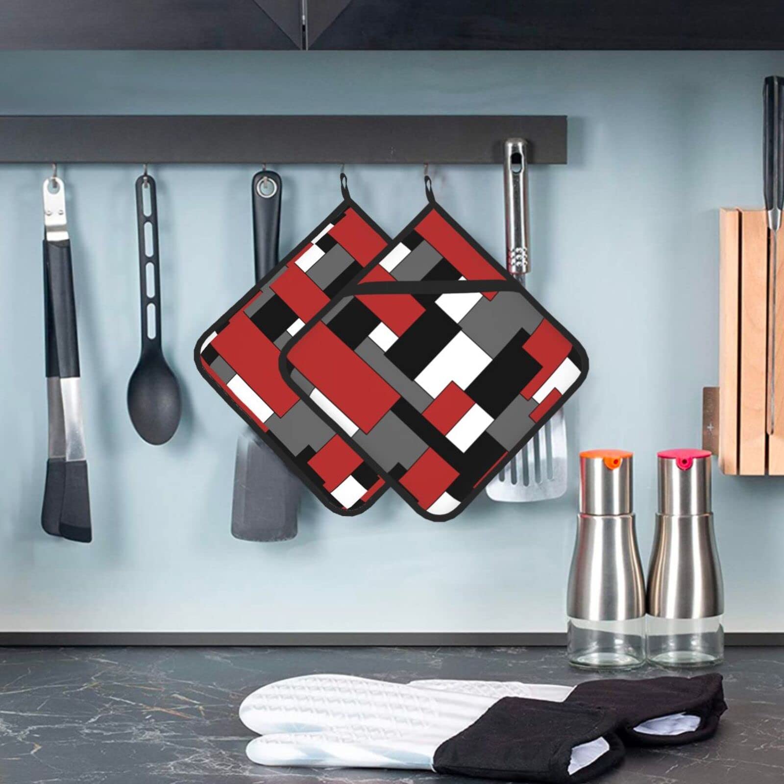 Pot Holders for Kitchen,Abstract Red Black Check PatternHeat Resistant Potholder Non-Slip Heat Pad 2 PCS,Oven Mitts Potholders for Daily Kitchen Baking,Cooking,Restaurant 8 Inch