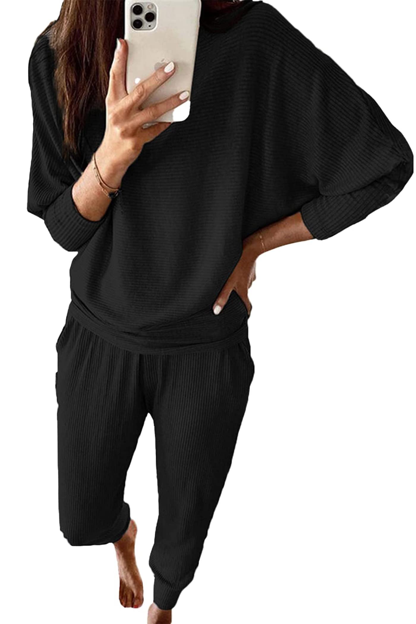 PRETTYGARDEN Women's 2024 Fall Fashion Outfits 2 Piece Sweatsuit Solid Color Long Sleeve Pullover Long Pants (Black,Medium)