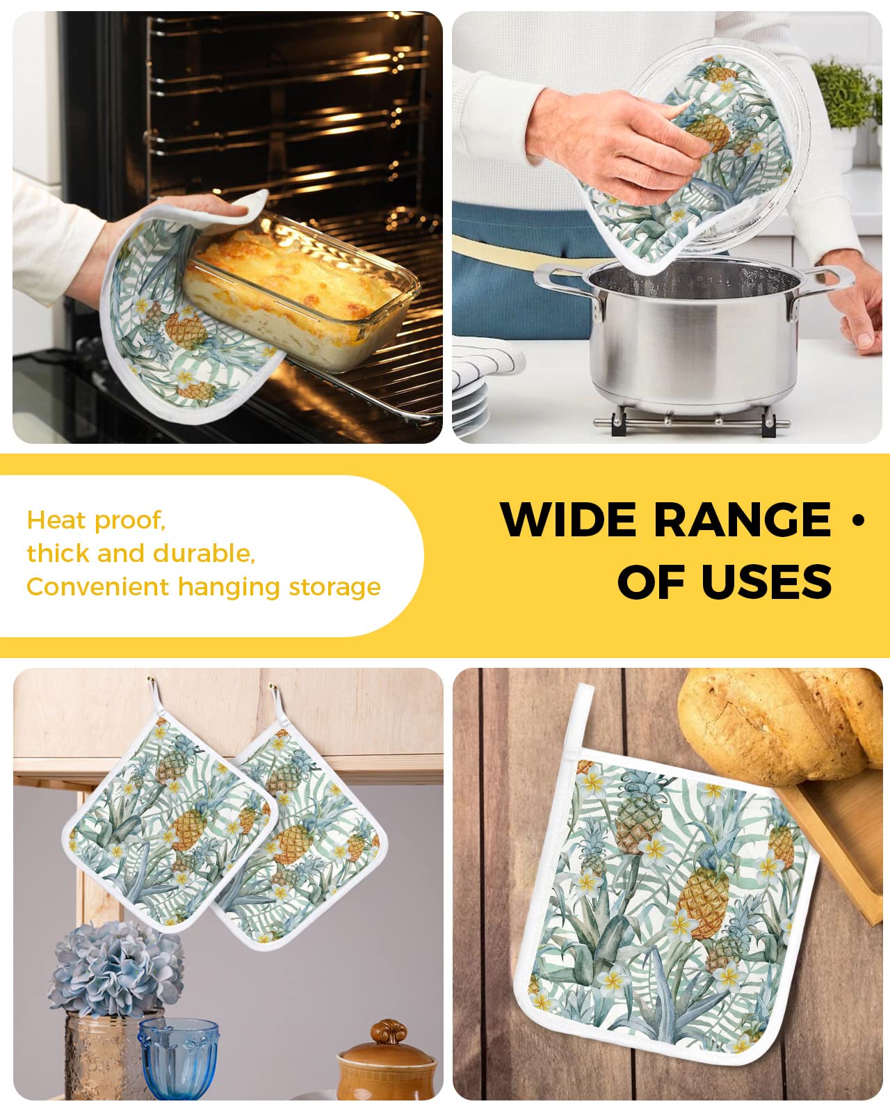 Pot Holders for Kitchen Watercolor Tropical Fruits Pineapple Leaf Set of 5 Potholders Heat Proof Non-Slip Oven Pot Holder Insulation Terry Cloth Hot Pad with Loop Rainforest Botanical