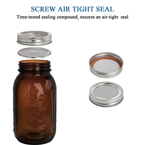 Tebery 6 Pack Amber Regular Mouth Quart Mason Jars, 32oz Canning Glass Jars with Airtight lids and Bands