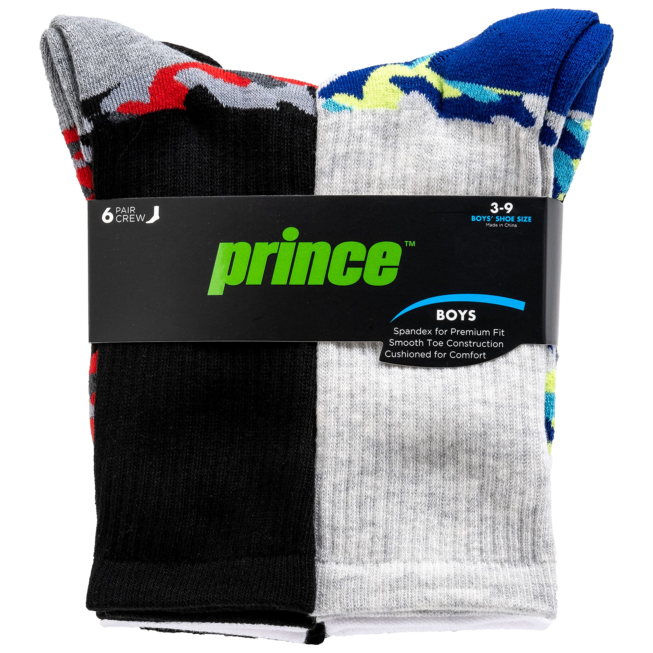 Prince Boys' Crew Length Athletic Socks with Cushion for Active Kids (6 Pair Pack)