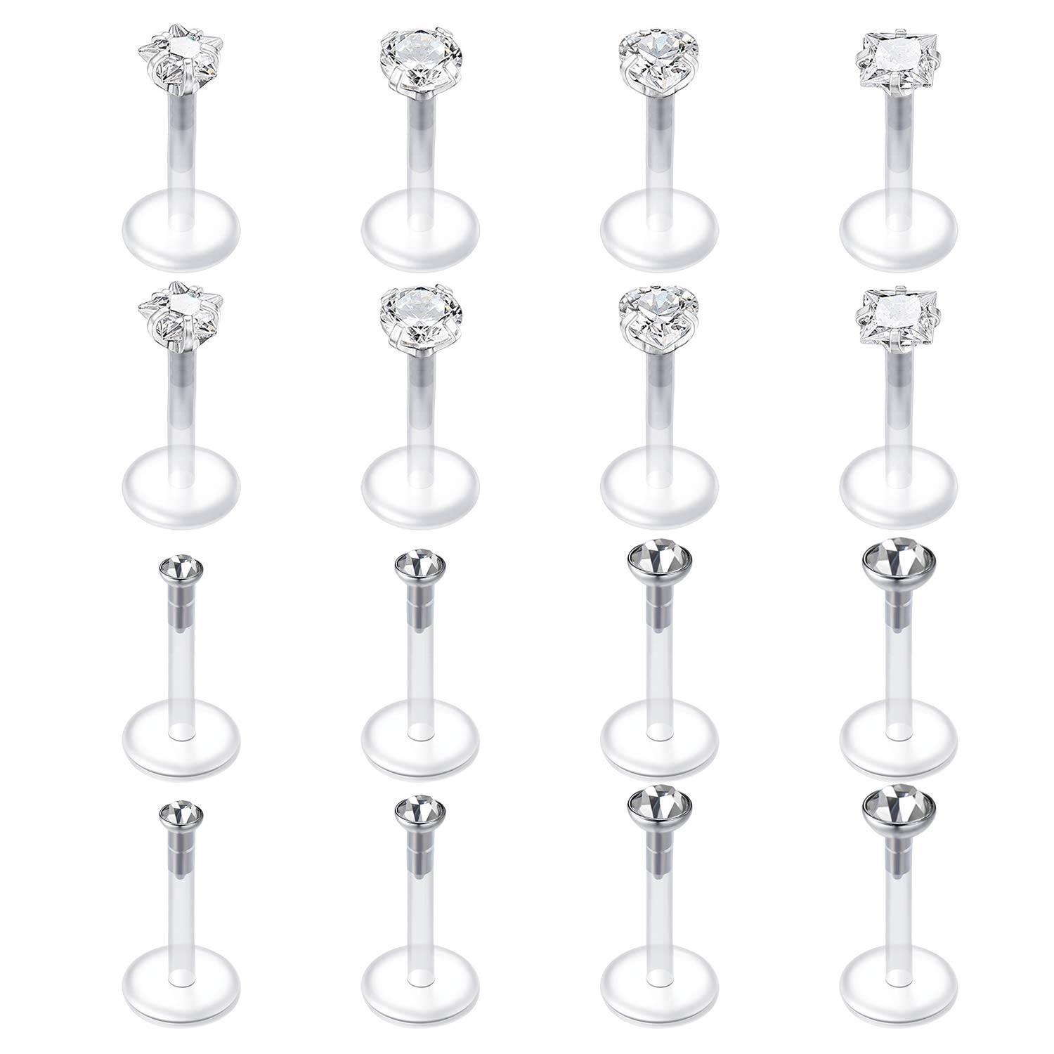 Mayhoop 16G 16Pcs Tragus Earrings Lip Rings Labret Studs Jeweled Cartilage Helix Earrings Flexible Clear Bar Medusa Piercing Retainer 6mm 8mm for Women Men
