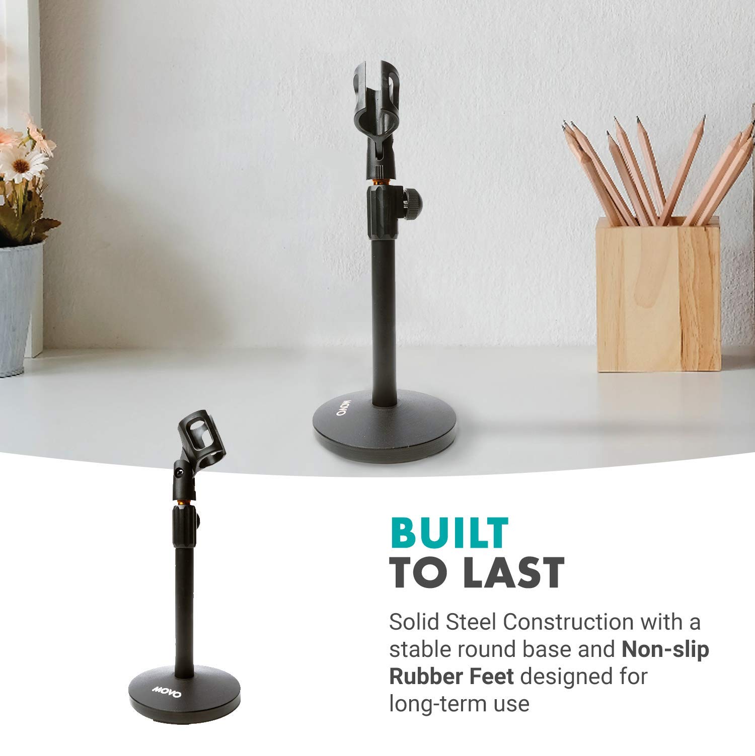 Movo TMC-3 Small Adjustable Table Mic Stand with Round Base and Universal Mic Clip. Table Top Mic Stand Height is Adjustable with Weighted Base Sits on Desk Ideal for Podcast, Livestream, & Interviews