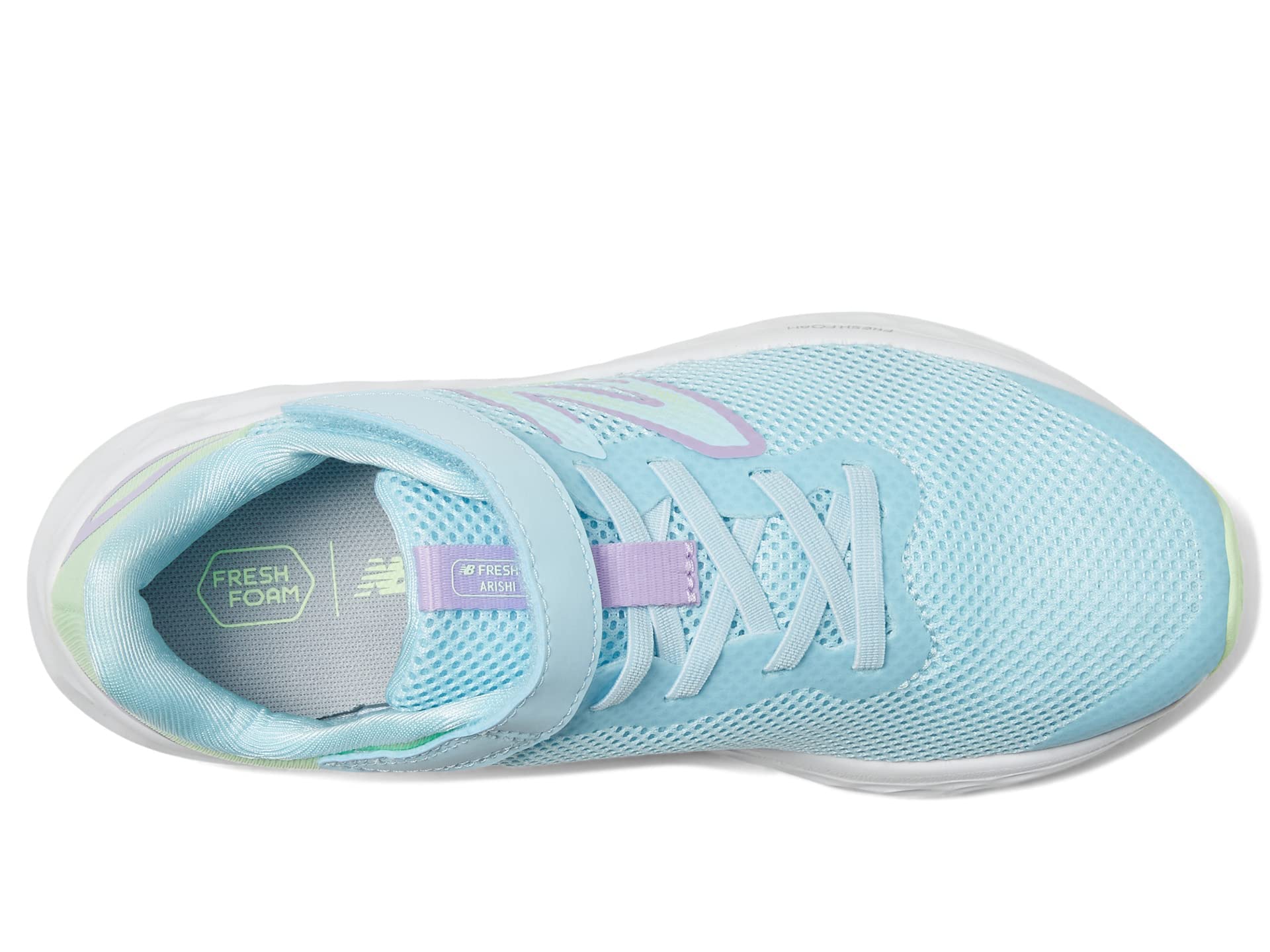 New Balance Boy's Fresh Foam Arishi V4 Hook and Loop Running Shoe, Bleach Blue/Green Aura/Lilac Glo, 2 X-Wide Little Kid
