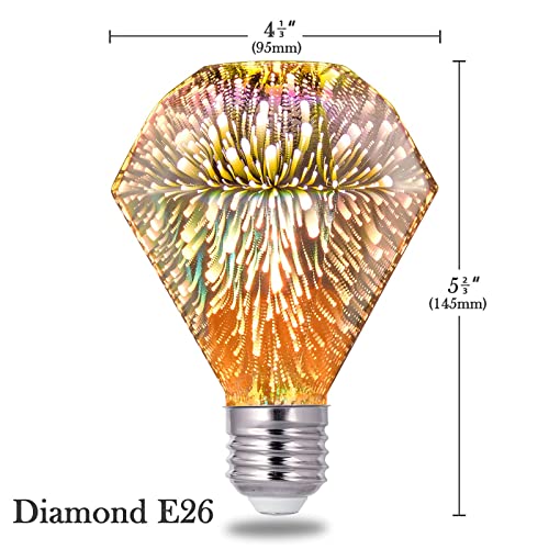 Porseme 3D Fireworks Decorative Light Bulb, E26 Base, 4W, AC100-240V, Glass Bulbs with Soft Warm Light, Shiny Decor for Home, Bedroom, Party (Included 1-Pack Diamond Bulbs)