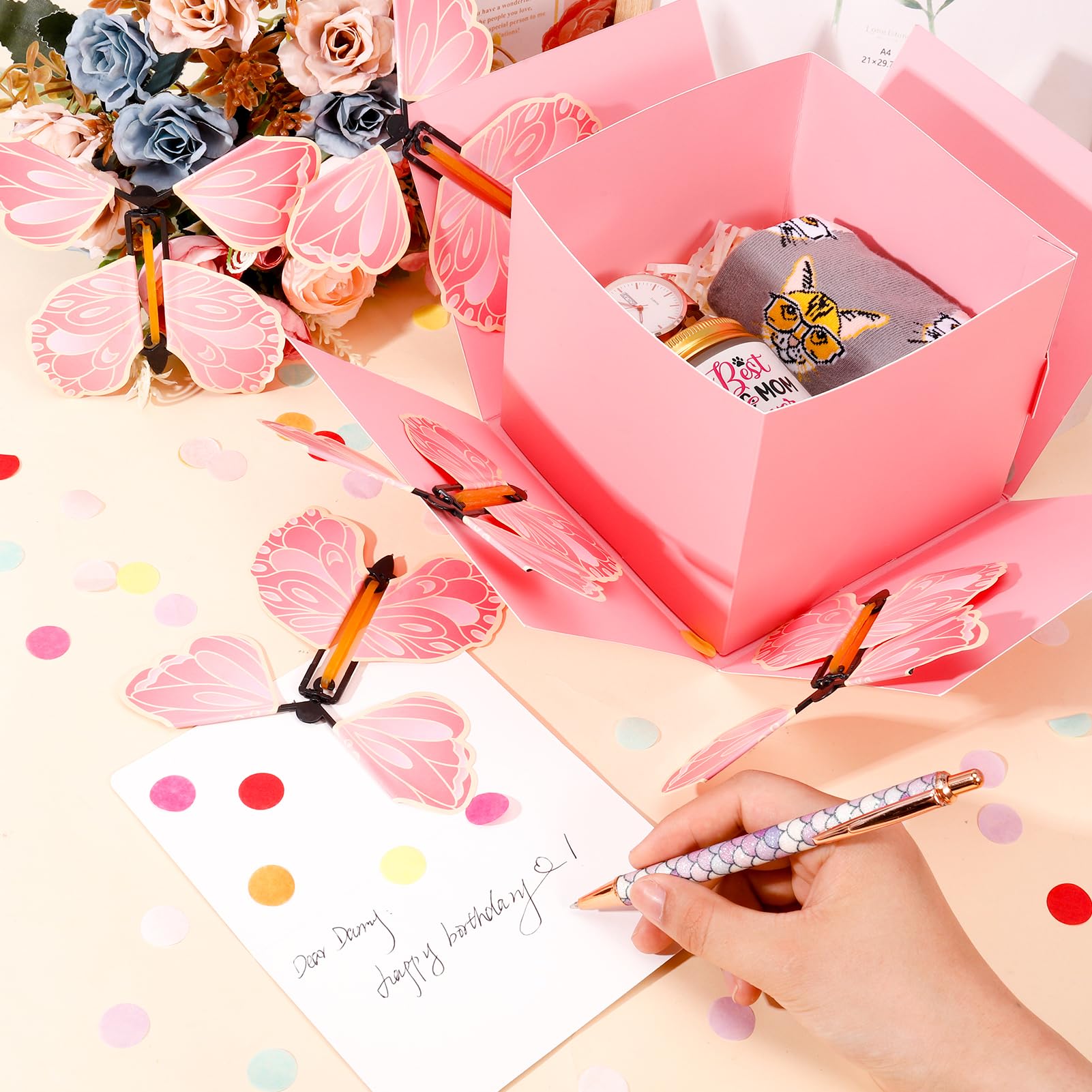 XLSXEXCL Butterfly Explosion Gift Box, Flying Butterfly Surprise Box, Exploding Butterfly Birthday Box with 8 Pcs Flying Butterfly Toy for Birthday, Wedding, Anniversaries, Christmas (Pink)