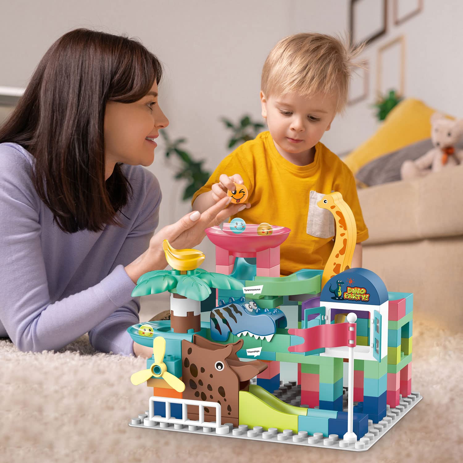 WINGIFT 112 Piece Marble Run Building Blocks Dinosaur Toy, STEM Toy Bricks Set with Functional Dinosaur Building Blocks,Marble Maze Building Toys Compatible with All Major Brands for Kids Ages 3 4 5+