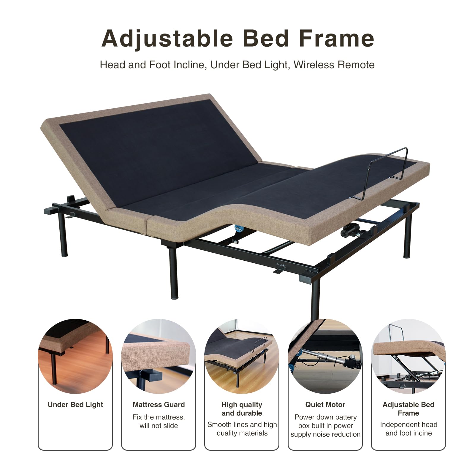 LCVXYERQ Electric Adjustable Bed Base, Ergonomic Upholstered Full Size Bed Frame with Upgraded Motors and Wireless Remote Control, Independent Head and Foot Incline