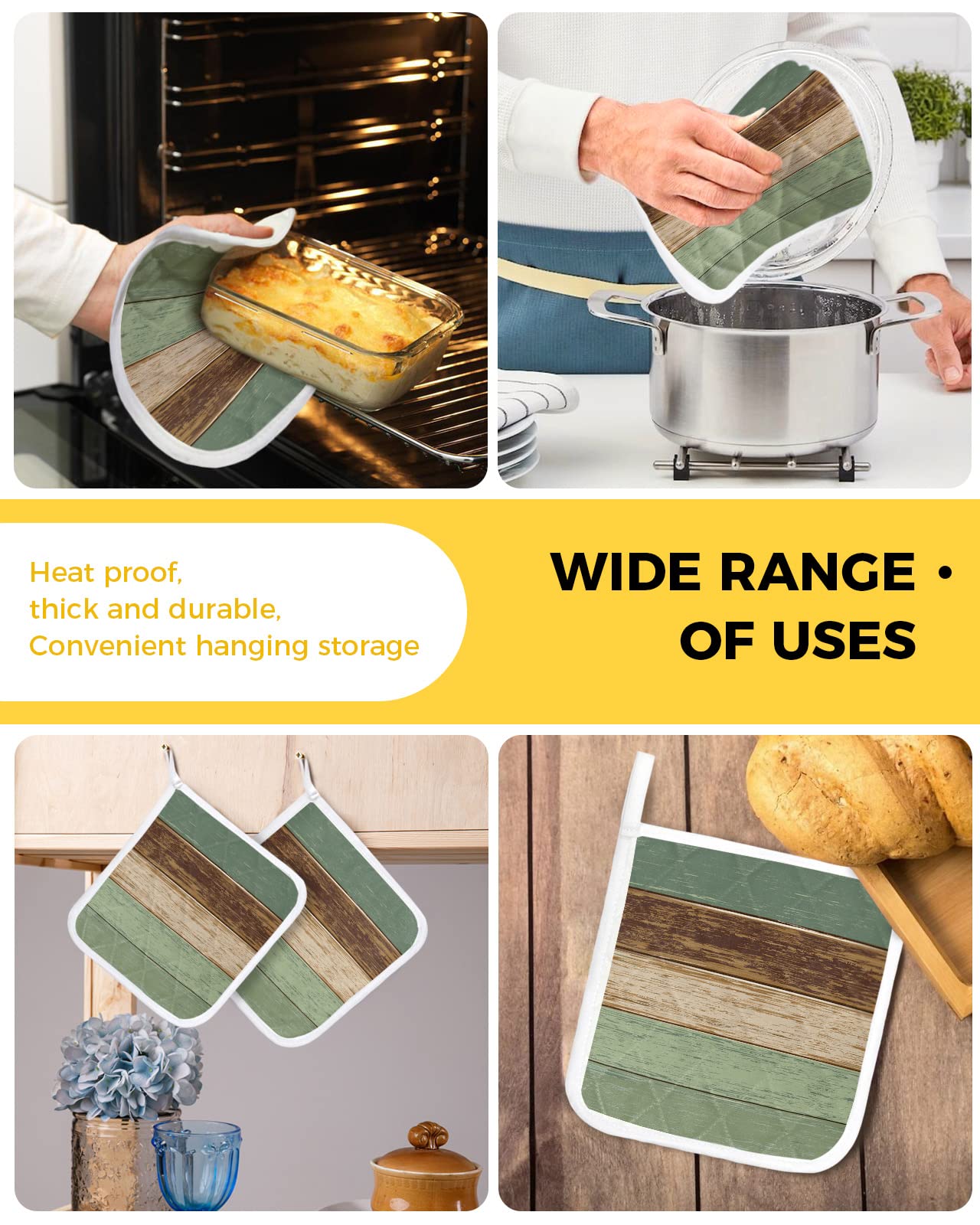 Pot Holders Set of 3 PCS Heat-Resistant Hot Pads Mats with Hanging Loop, Imitation Wood Grain Vintage Sage Green Washable Potholder for Cooking Baking Kitchen, 8.26"x8.26"