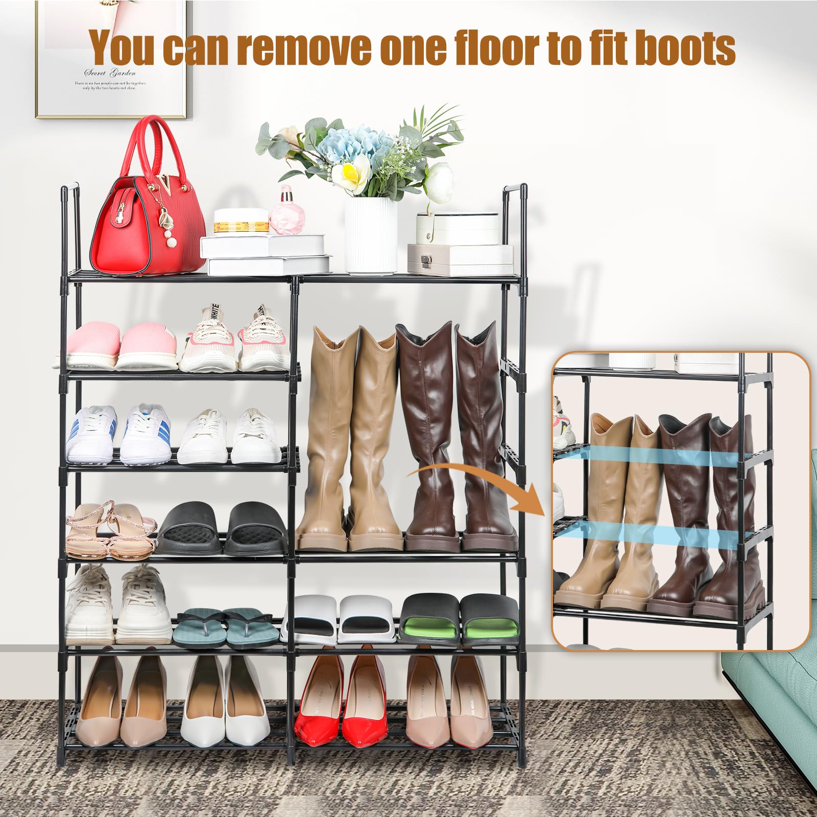 Lubardy 8 Tier Shoe Rack for Entryway 32-34 Pairs Durable Metal Shoe Storage Organizer for Closet Stackable Long Shoe Shelf Cabinet for Hallway (Black)