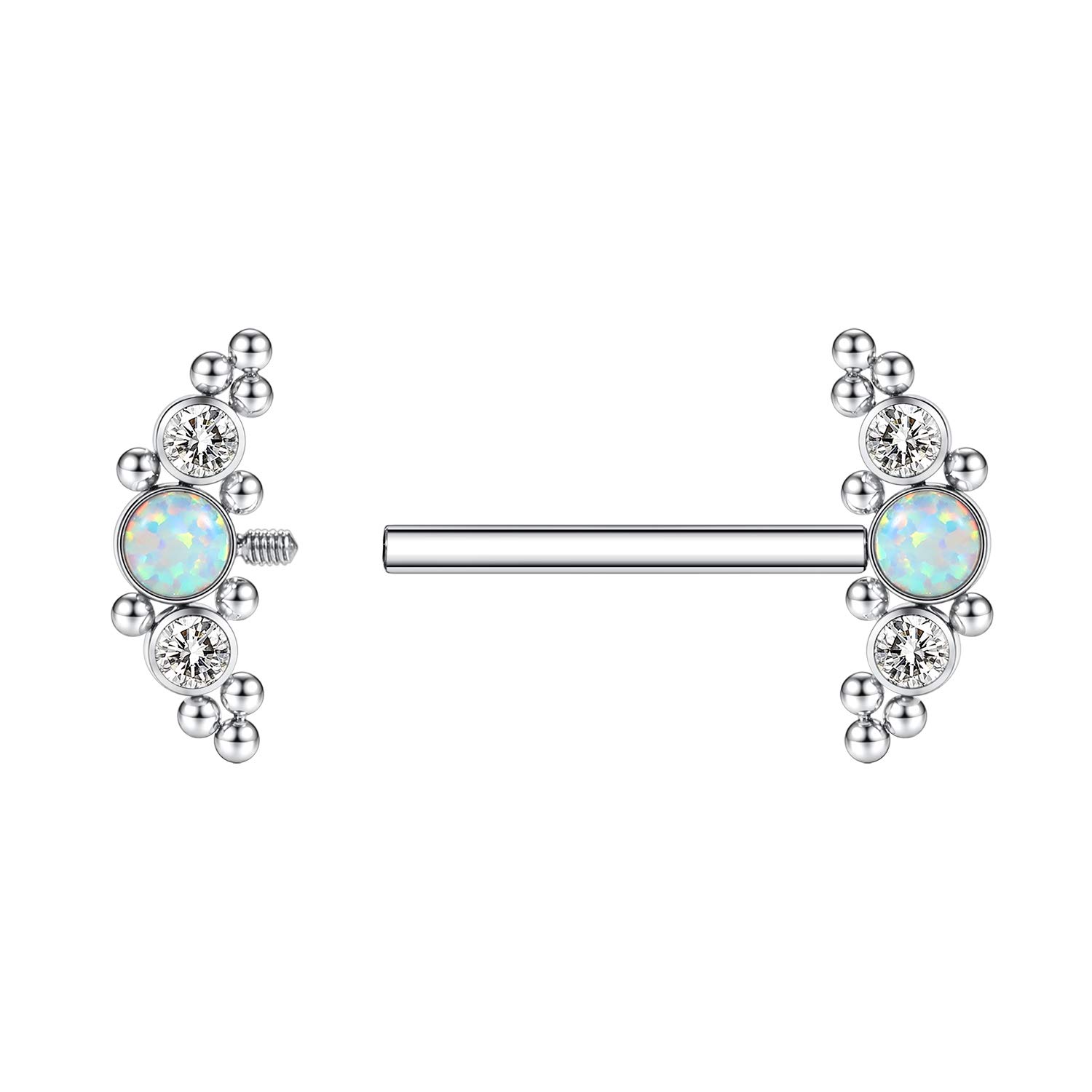 PEAKLINK G23 Titanium Nipple Barbell 14G Threaded Nipple Ring Silver Opal CZ Body Piercing Jewelry for Women 16mm