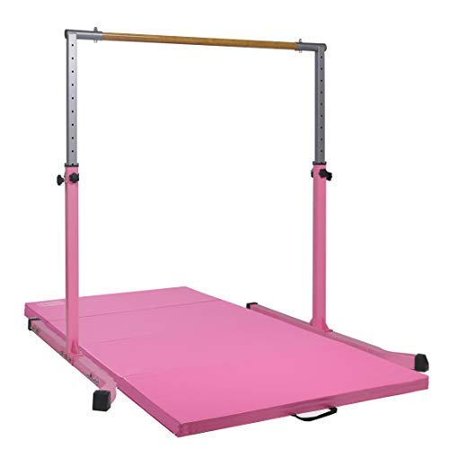 Pro-Gymnastics Expandable Kip Bar Adjustable Height for Gymnastics 3 to 5 FT Gymnastics Bar, with 6 FT x 4 FT Tumble Mat, Horizontal Junior Training Bar Cushioned Bar & Curved Legs (Pink)