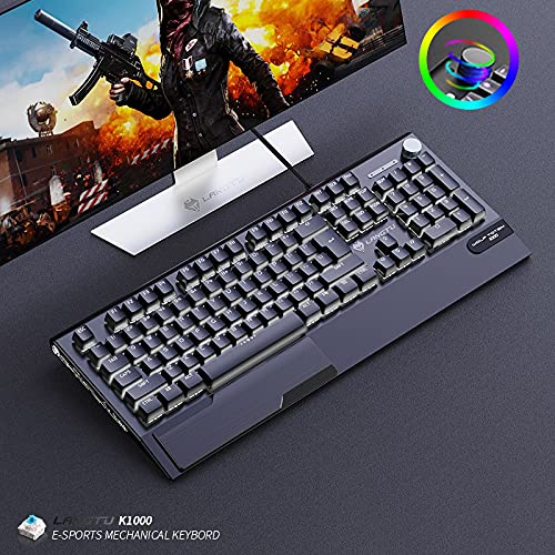 Multimedia Knob Computer Mechanical Keyboard,Sandblast Metal Panel,104-Keys Conflict Free Buttons Gaming Keyboard,Dazzle Colour on Both Side, Mouse+Mouse Pads (Black/White Backlit/Blue Switch