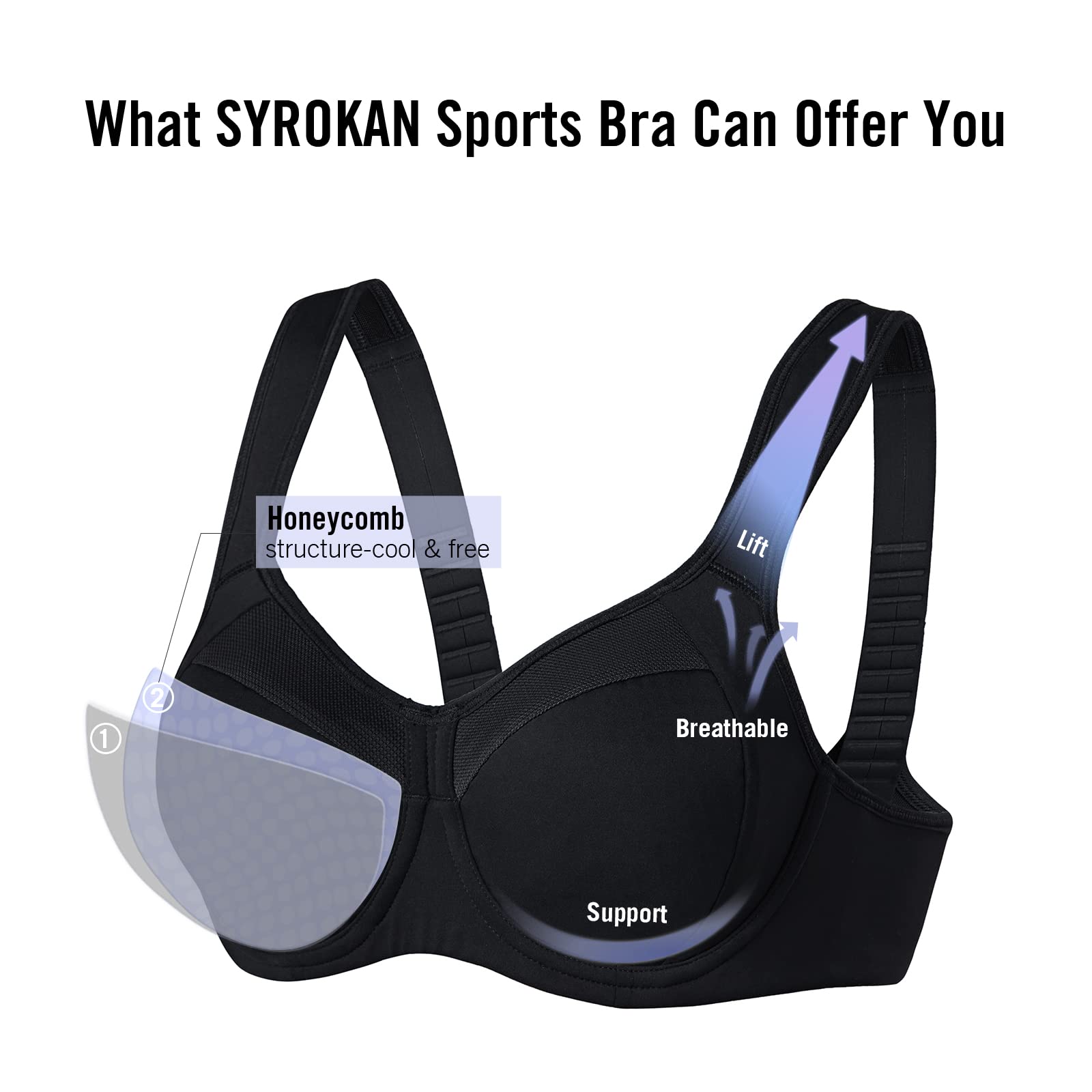 SYROKAN Sports Bras for Women High Support Underwire Padded High Impact Full Coverage Running Gym Workout Bra Black 40DD