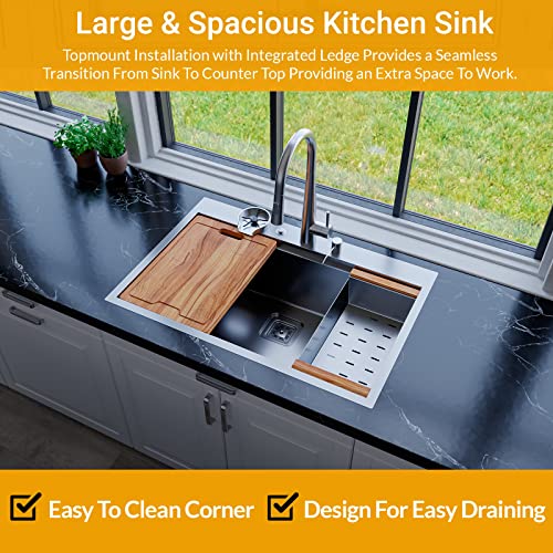 Strictly Sinks 33β Topmount Kitchen Workstation Sink-Gunmetal Black Single Bowl 16 Gauge Stainless Steel Drop In Sink, Acrylic Cutting Board,Cutting Board with Strainer Bowl & Bottom Protector Grid