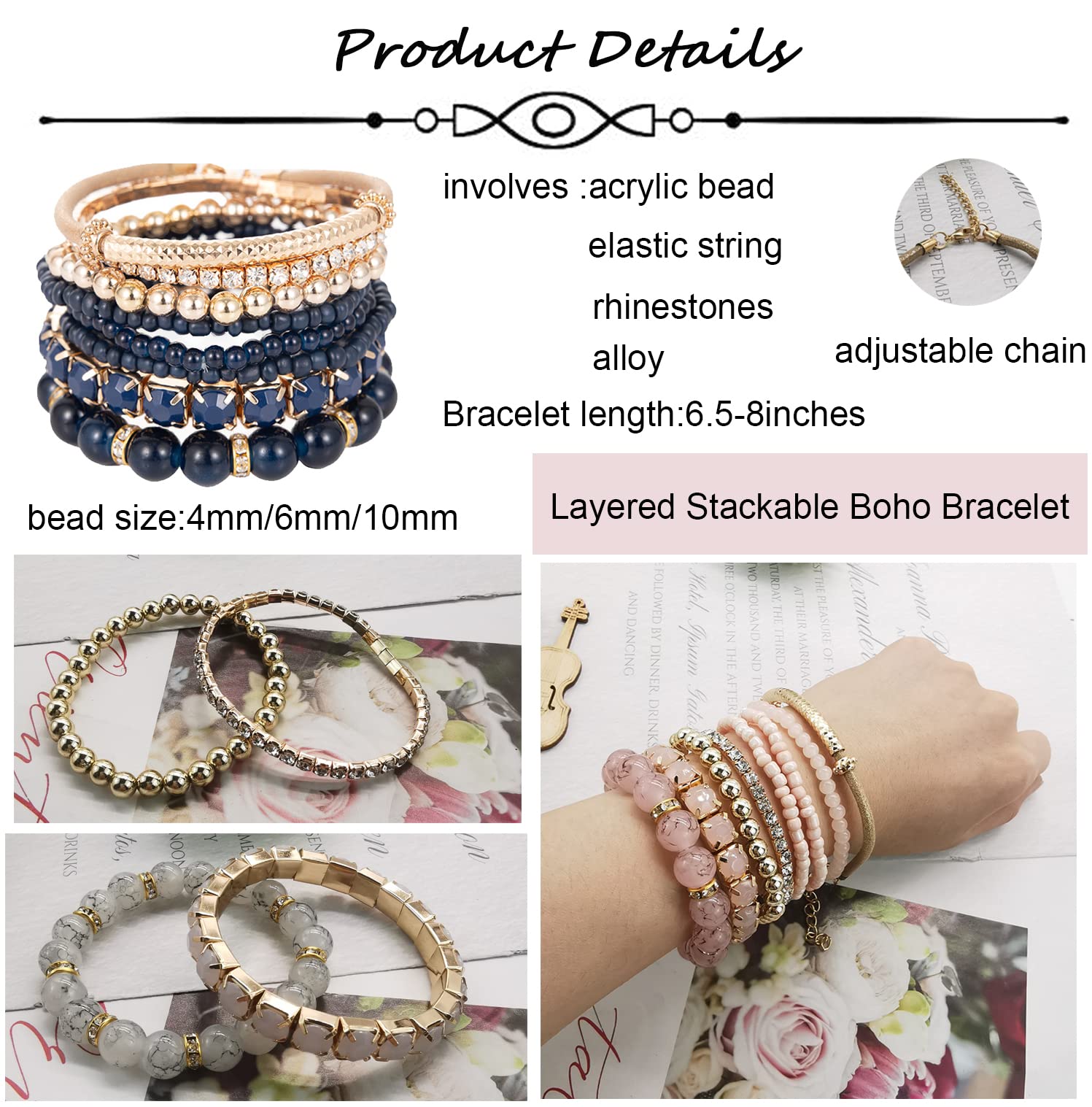 SAMOCO 4-6 Sets Bohemian Stackable Bead Bracelets for Women Multicolor Stretch Beaded Bracelets Layered Bead Adjustable Bracelet Pink Black Turquoise Stretch Bracelets