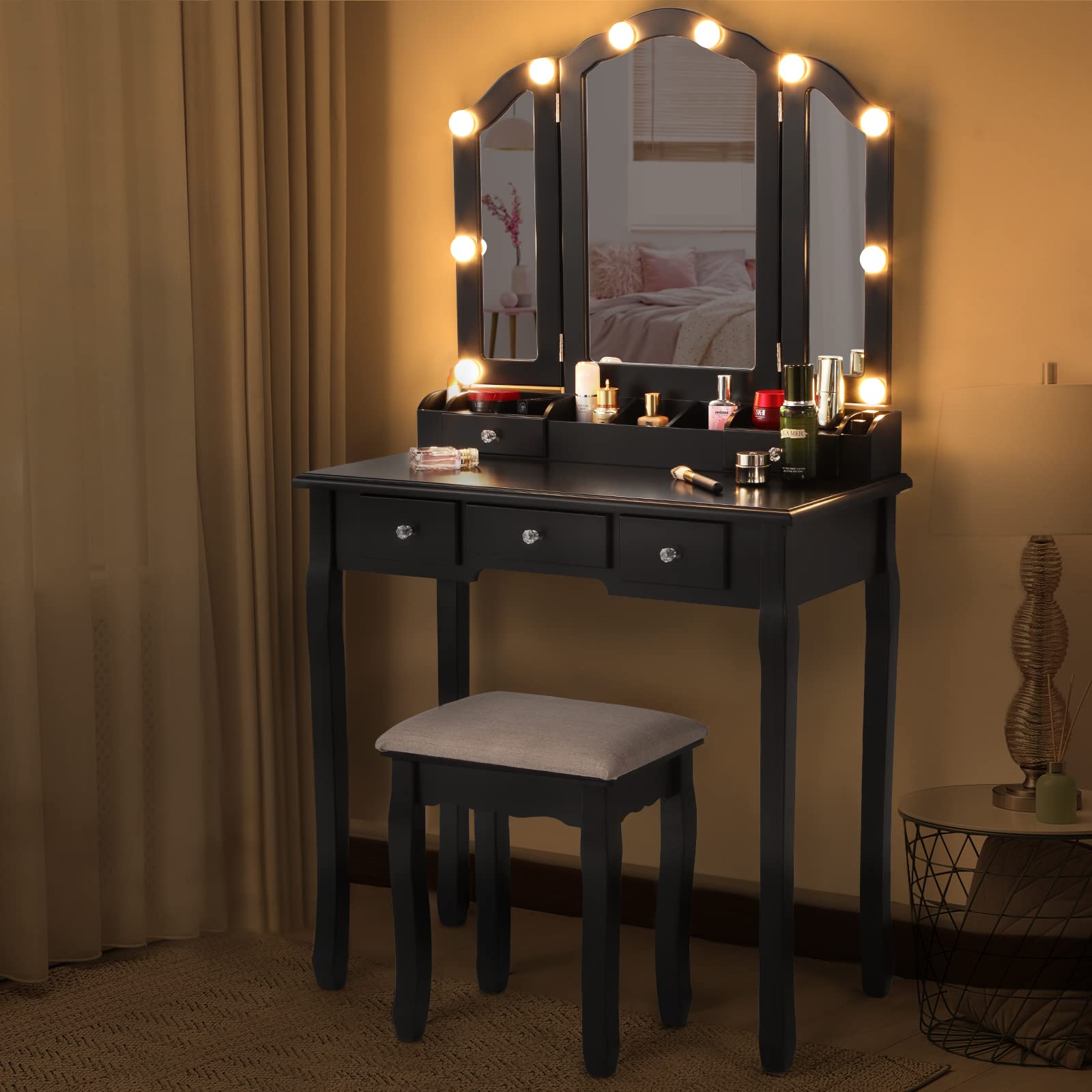 Makeup Vanity with Lights Tri-Folding Mirror,Vanity Desk with Mirror and Lights,5 Drawers,Vanity with Lighted Mirror Makeup Vanity Table Set (Black)
