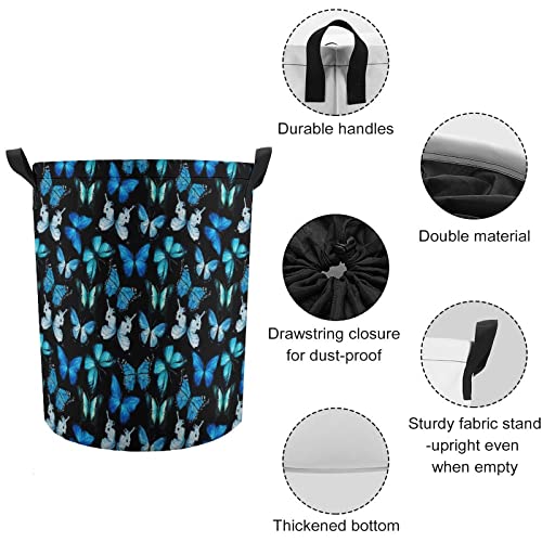 Watercolor Butterfly Laundry Basket Round Collapsible Storage Bin with Drawstring and Handle for Bedroom Bathroom Toys Room 17.3" X 13.8"