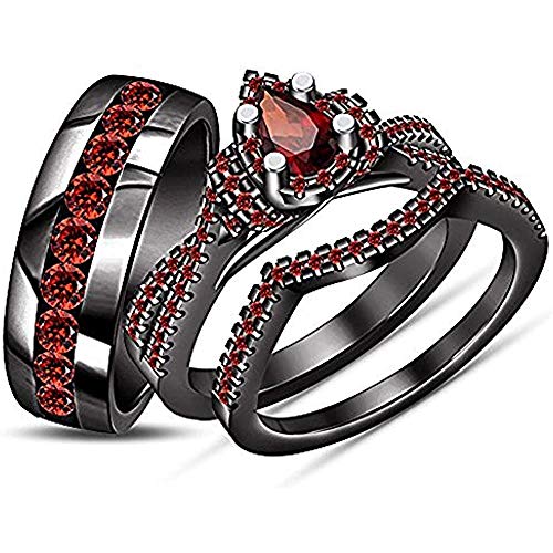 Pear Cut Created Red Garnet 14K Black Gold Plated 925 sterling Sliver 3 Piecs Engagement Wedding Trio Ring Set For His & Her