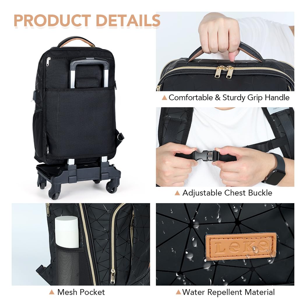Lekebobor Travel Rolling Backpack Women Wheeled Business Backpack,15.6" Laptop Backpack with USB Charging Port, Waterproof Carry on Backpack Flight Approved Travel Backpack,Black with Golden Zipper
