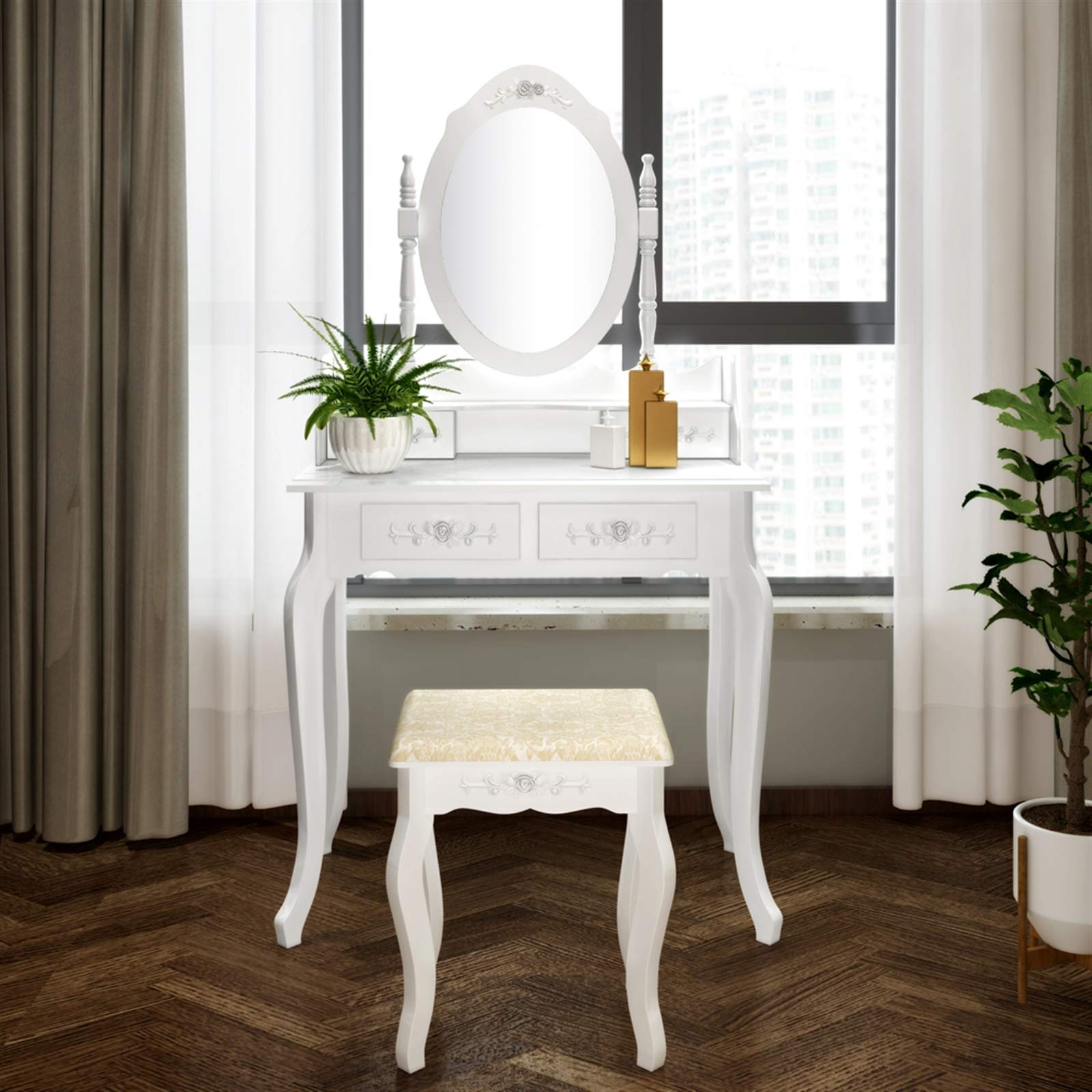 Makeup Vanity with Mirror, Vanity with 4 Drawers with Cushioned Stool for Women Girls, 360-Degree Rotation Removable Mirror Dresser Vanity Table Set with Storage Drawer & Chair