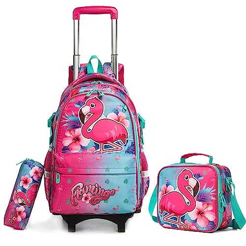 Oruiji Girls Rolling Backpack for School Backpack with Wheels for Girls Wheeled Backpack with Lunch Bag Kids Travel Suitcase