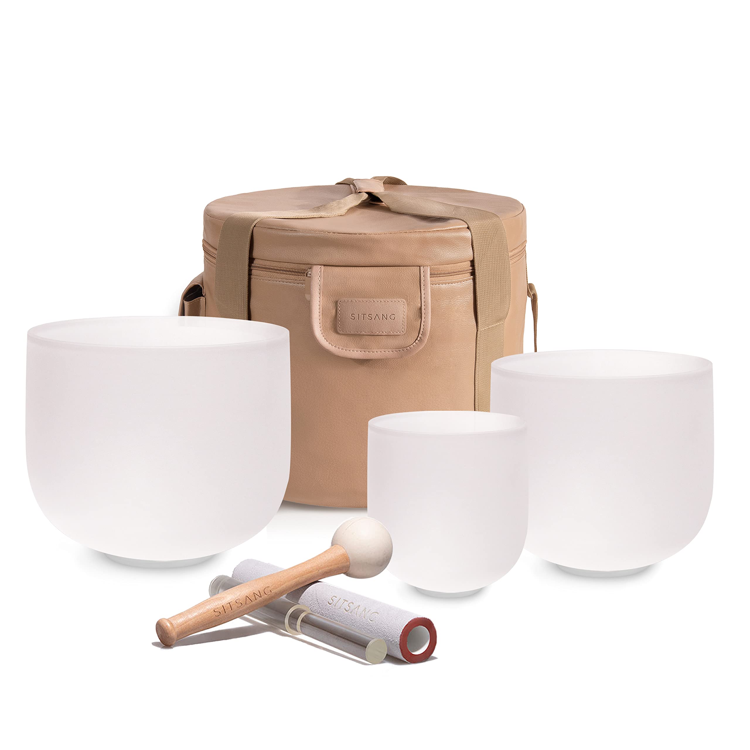 SITSANG 440 Hz Chakra Set of 3 Crystal Singing Bowls 6-10 inch with Heavy Duty Artificial Leather Carrying Case and Singing Bowl Suede Strikers and Rubber Mallet