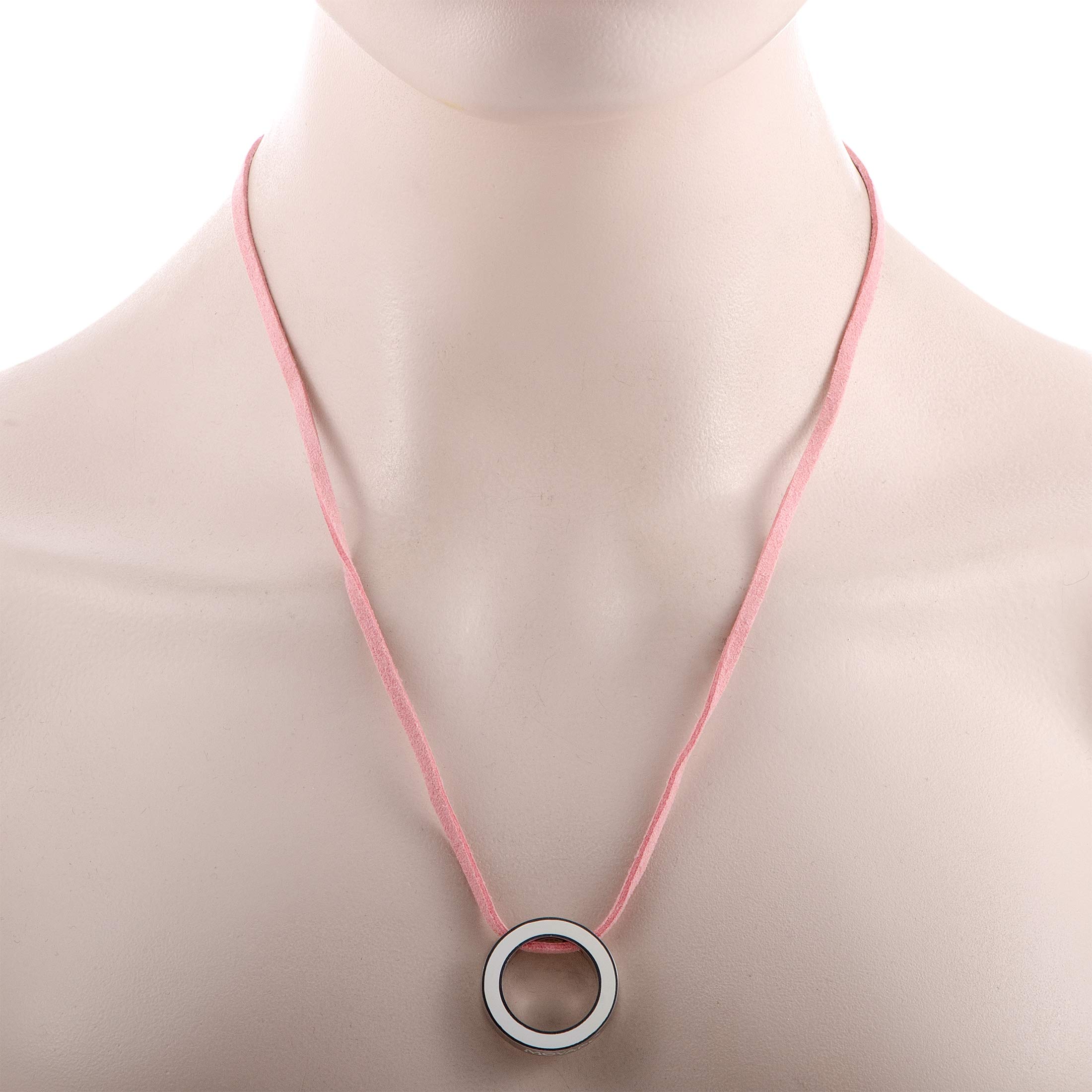 Movado Breast Cancer Awareness Sterling Silver and Enamel Circle Pink Leather Cord Necklace