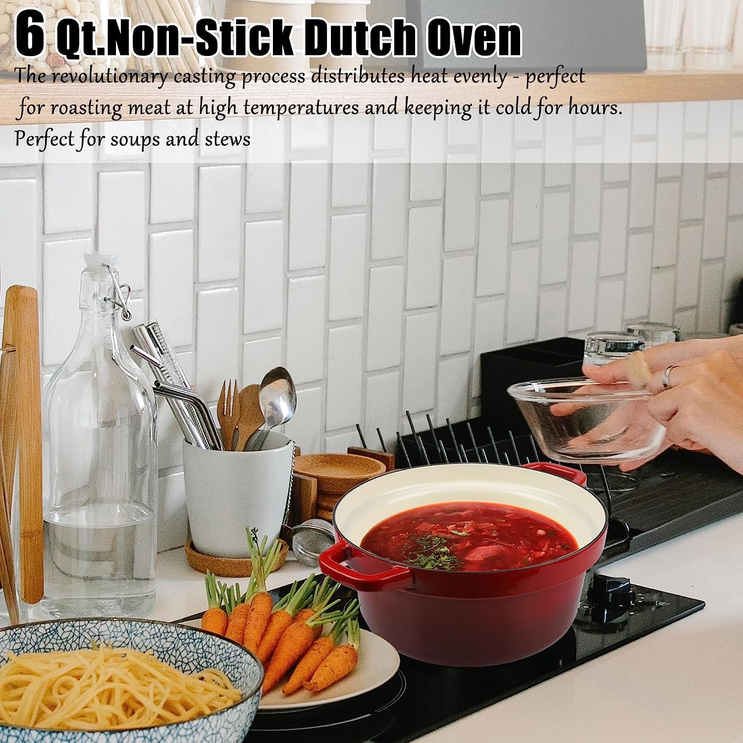 Mckysomd Enameled Cast Iron Dutch Oven, 6 Quart Dutch Oven Pot with Lid,Non-stick Round Dutch Oven for Baking, Braiser, Stewing, Roasting (Red)