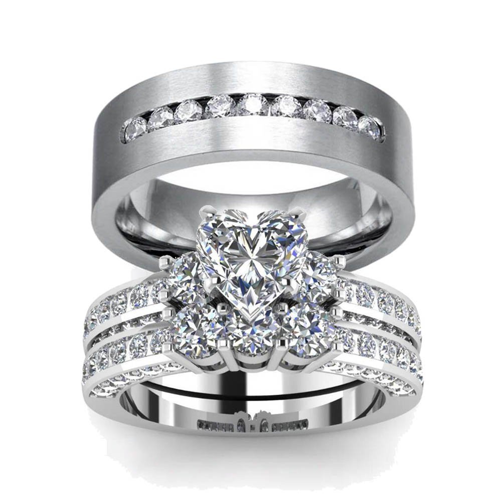 LOVERSRING His and Hers Engagement Wedding Rings Bands Set Stainless Steel Cubic Zirconia Promise Anniversary Ring for Women CZ Couples Bridal Sets Mens Matching Band