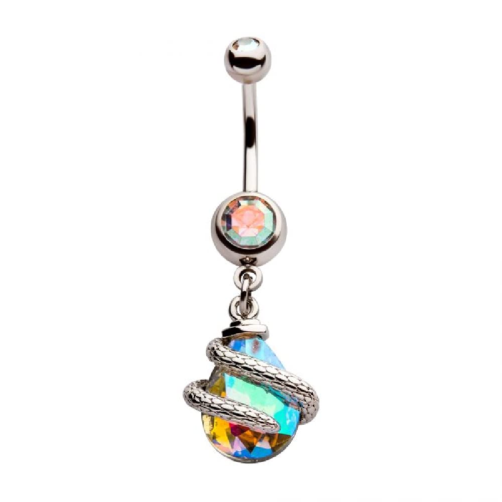 Pierced Owl 14GA Snake Wrapped AB Teardrop Gem Dangle 316L Surgical Stainless Steel Navel Belly Button Ring