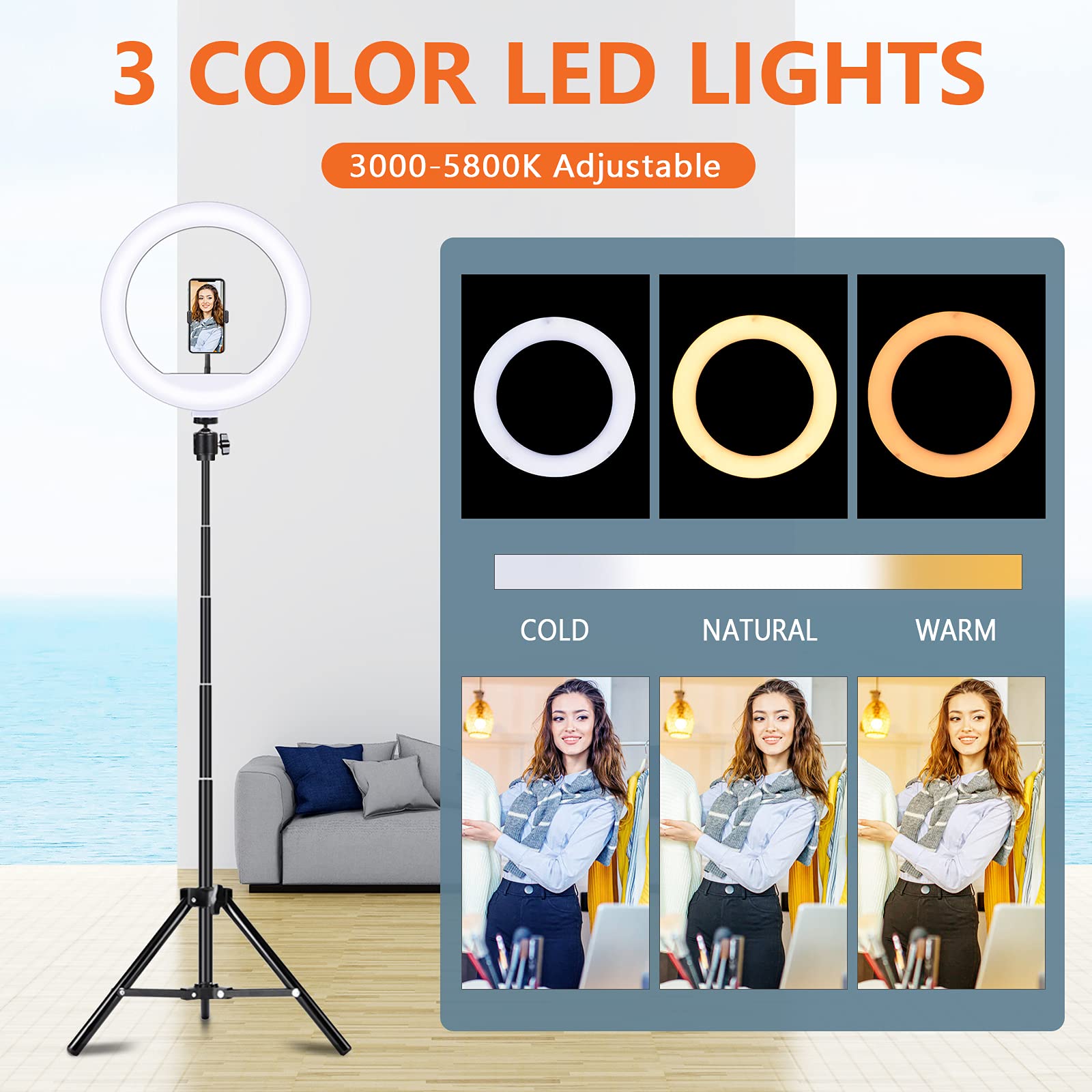 MSKIRA 12" LED Ring Light Kit, 67'' Stand with Tripod Stand and Phone Holder, 3 Light Modes Dimmable Adjustable Selfie Ring Light for Selfie, Video Recording and Live Steaming
