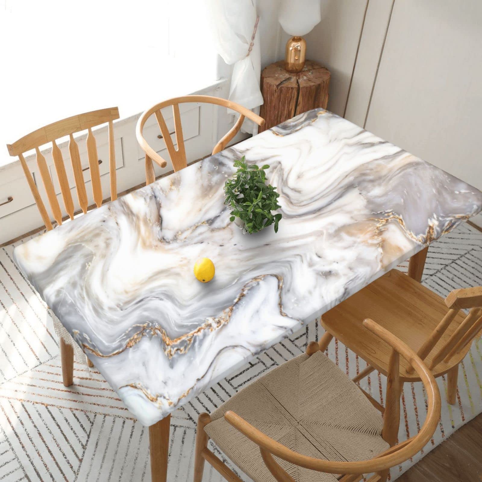 Marble Grey Tablecloth Elastic Fitted Edge Table Cloth Rectangle Table Cover Washable Reusable for Kitchen Dining Picnic Party 50 X 20