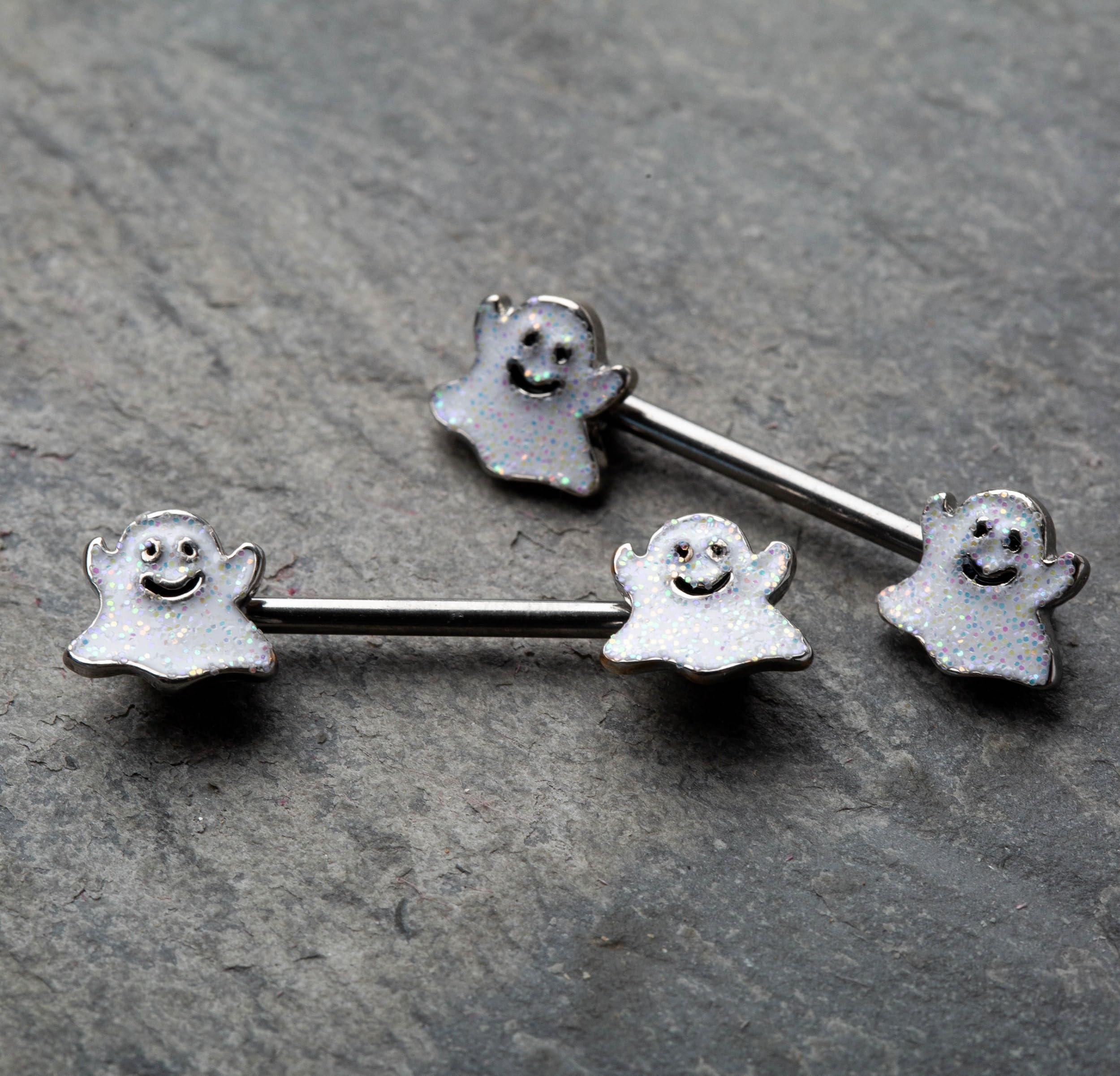Pierced Owl 14GA 316L Stainless Steel Happy Little Ghost Ends Nipple Barbells, Sold as a Pair (Silver Tone)