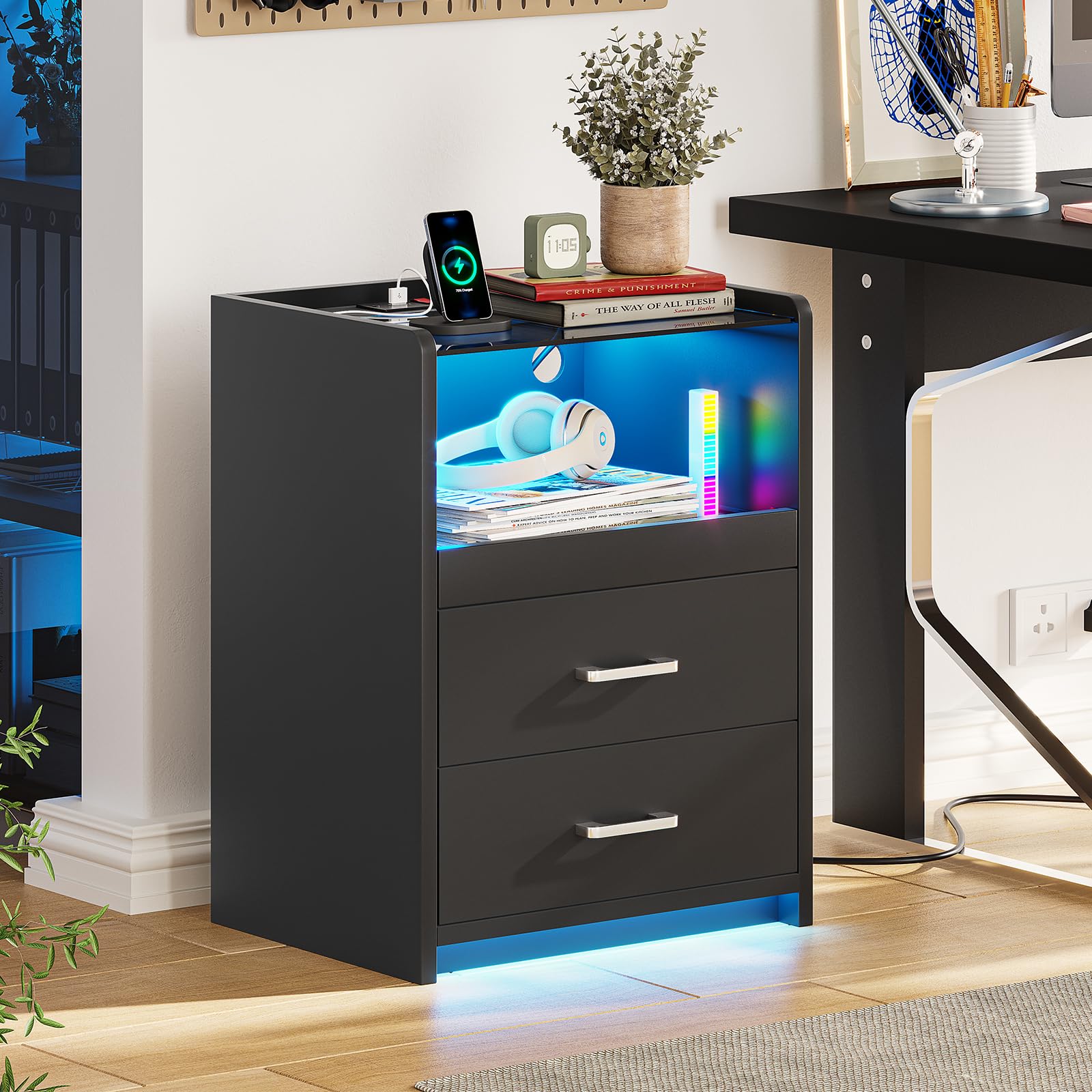 MSmask Black Nightstand with Charging Station and LED Lights, Glass Top Night Stand with Pull-Out Shelf, LED Nightstand with Sliding Drawers, Modern Bedside Tables with Open Storage for Bedroom, Dorm