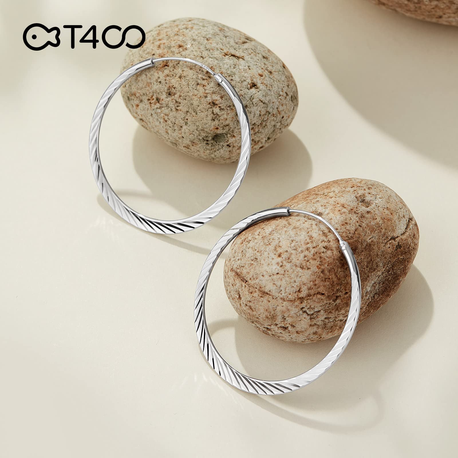 T400 Sterling Silver Hoop Earrings for Women Wide Flat Textured Round Medium Hoops (Diameter 40mm)