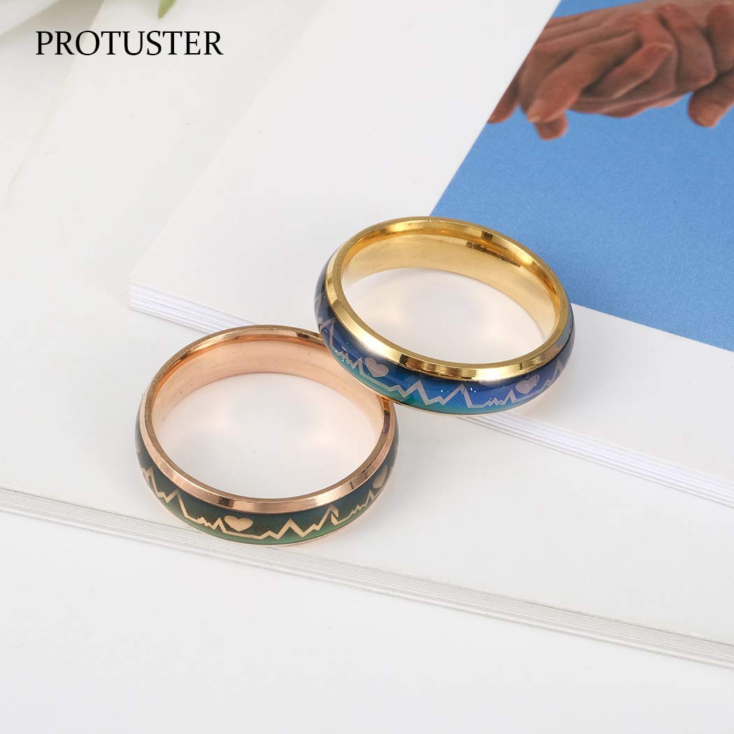 PROTUSTER Statement Rings for Lovers Emotional Change Color Temperature Mood Color Changing Stackable Gold Round Ring Feeling Heartbeat ECG Rings for Women and Men (Rose Gold&Gold, 7)