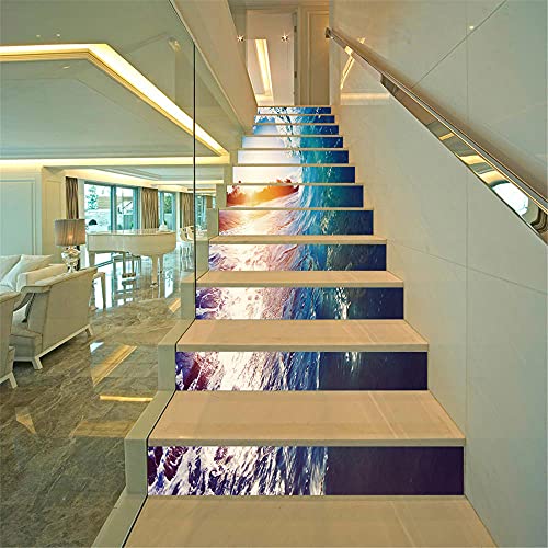 Master_GGG 13 Pcs 1 Set 3D Waves Stair Stickers Self-Adhesive Wall Stair Stickers for Home Decoration, Waterproof Stair Mural, 100cm X 18cm for Stair Decor Mural