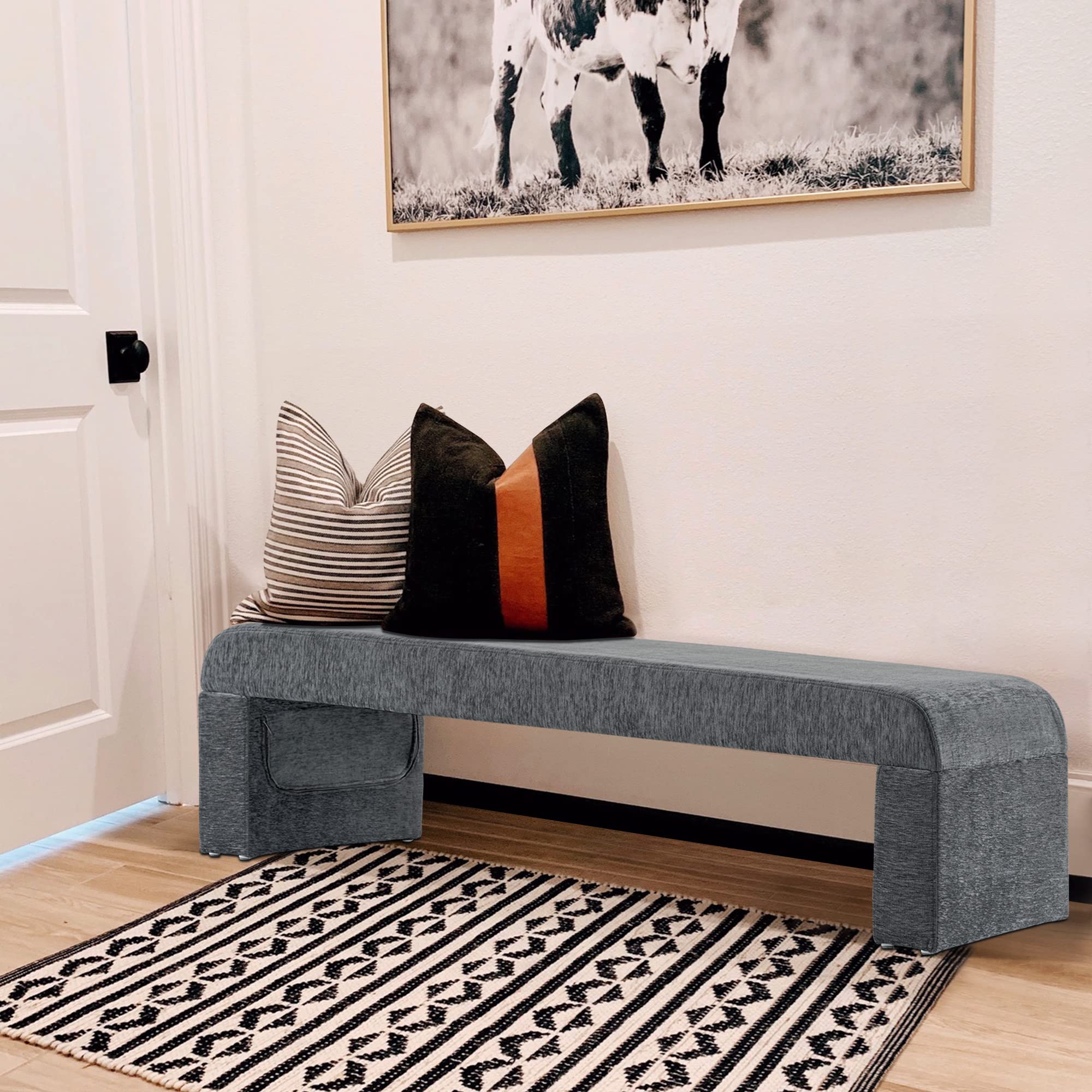 MCombo Ottoman Bench, Chenille Fabric Upholstered Footrest Stools, End of Bed Bench for Bedroom Living Room W439 (Yellow)