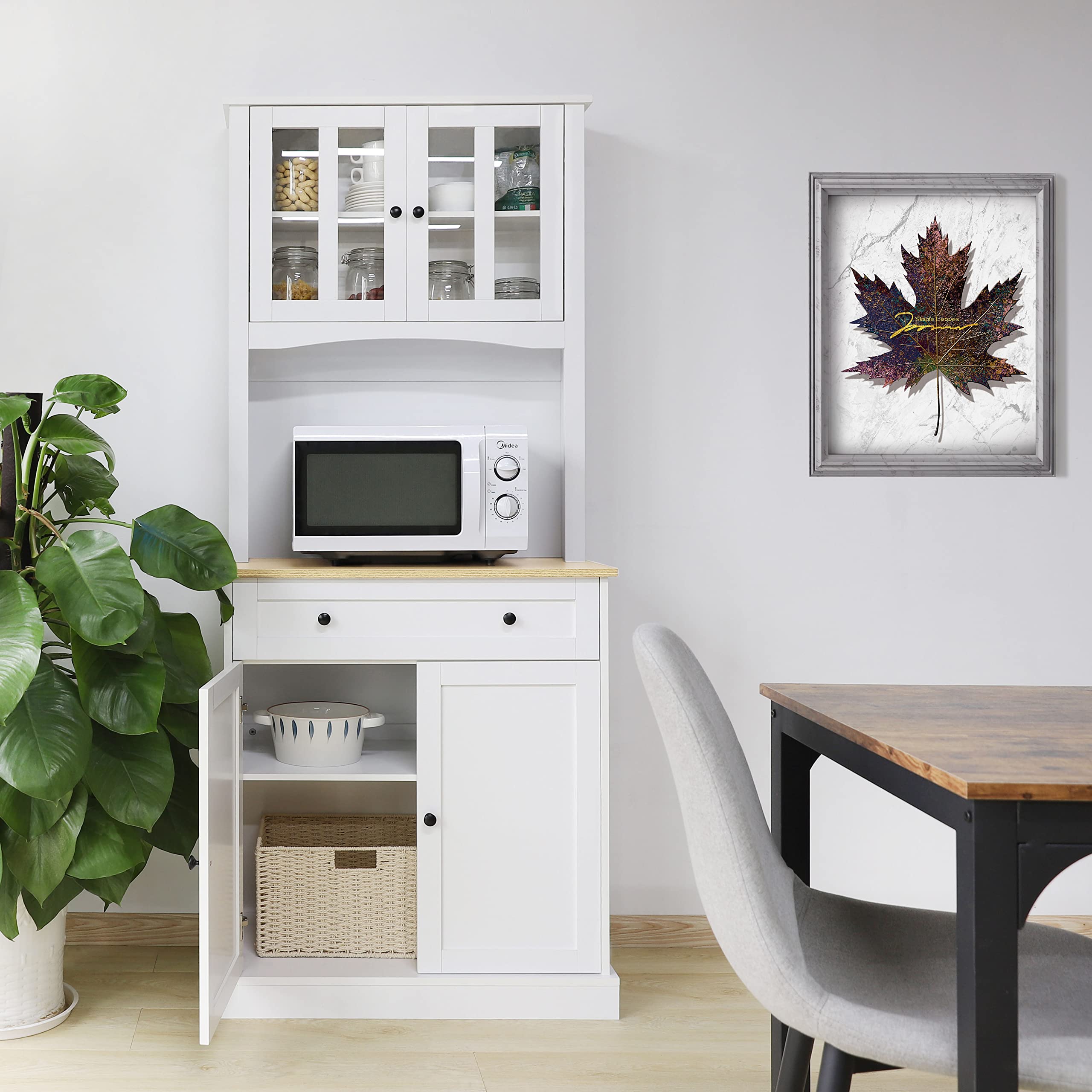 MUPATER 72'' Kitchen Pantry Storage Cabinet Buffet Hutch with Microwave Stand and Drawer, Freestanding Kitchen Pantry with Framed Glass Doors and Shelves, White
