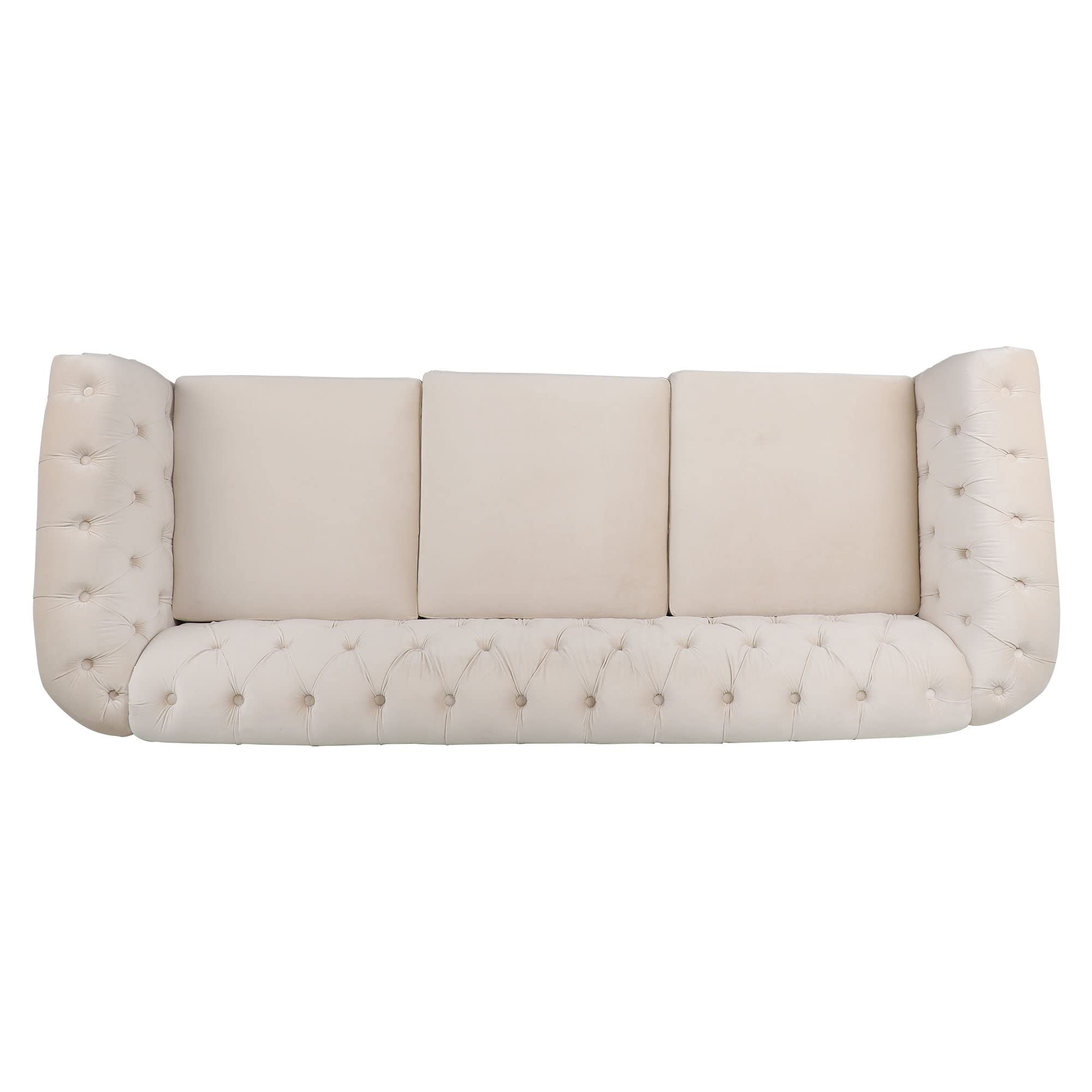 MIYZEAL Modern 3 Seater Couch Velvet, Upholstered Sofa with Tufted Back, Roll Arm Classic Chesterfield Settee Couches for Living Room, Office (Beige)