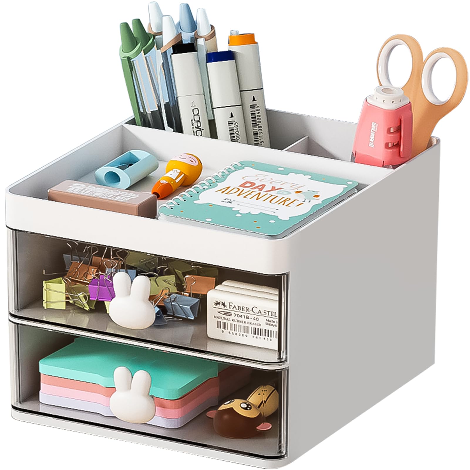 Marbrasse Small Desk Organizer with Drawer, Multi-Functional Pen Pencil Holder Storage Box for Desk, Desk Organizers and Accessories with 3 Compartments + 2 Drawer for Office Art Supplies(White)