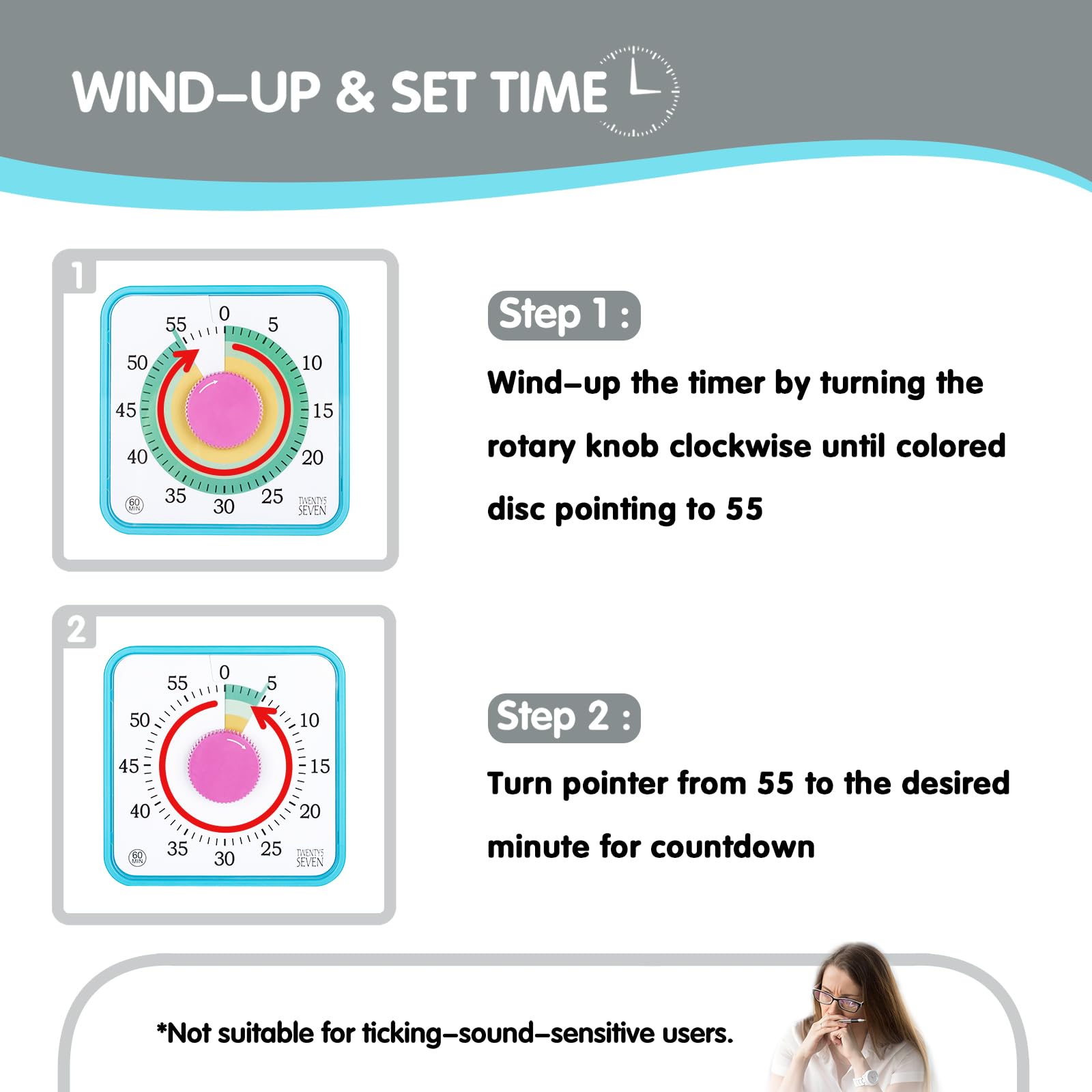 TWENTY5 SEVEN Countdown Timer 7.5 inch; 60 Minute 1 Hour Visual Timer β Classroom Teaching Tool Office Meeting, Mechanical Countdown Clock for Kids Exam Time Management Magnetic, Colorful