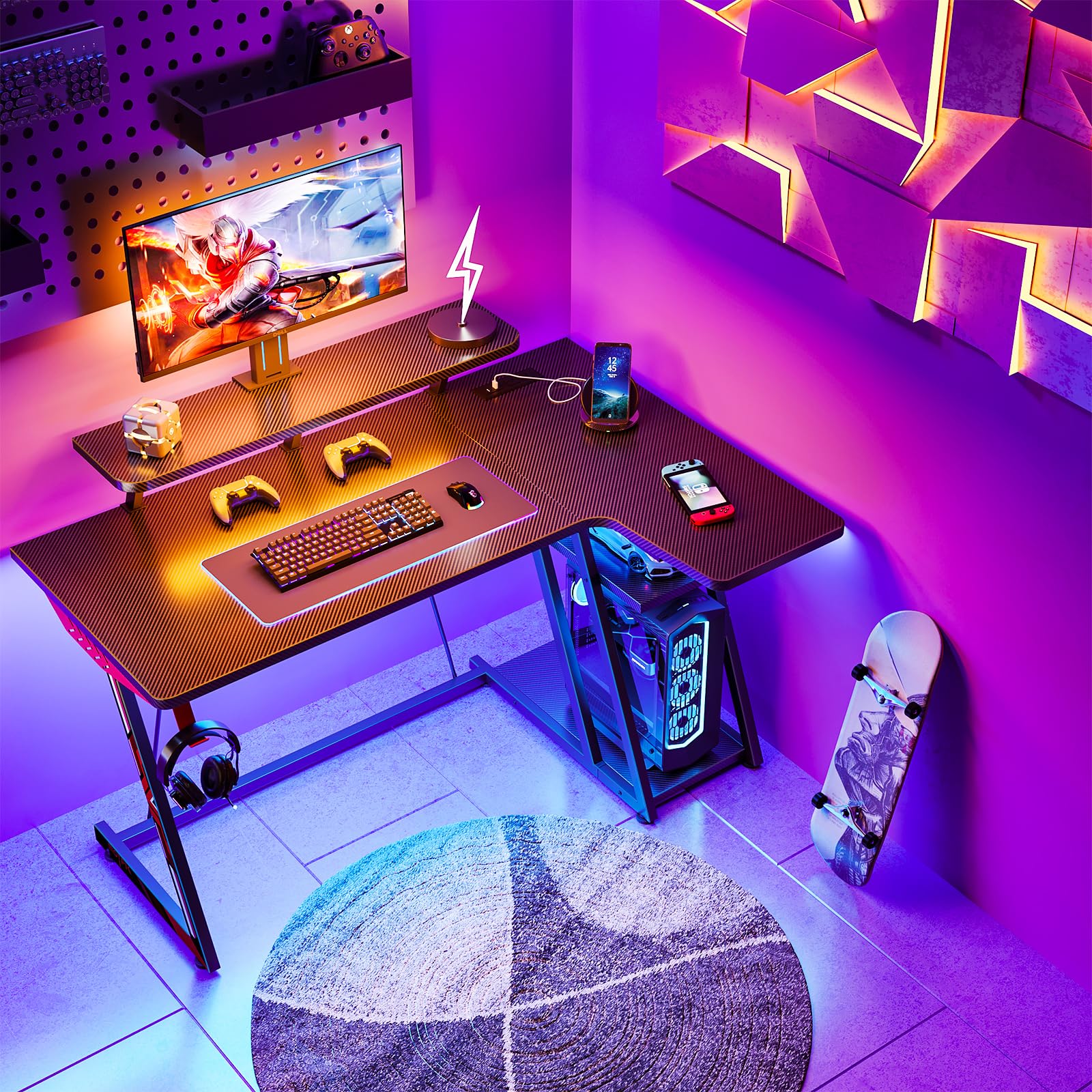 MOTPK L Shaped Gaming Desk with Led Lights, Small Corner Gaming Desk with Storage Shelf & Power Outlets, Computer Desk with Carbon Fiber Texture, 47 Inch, Black