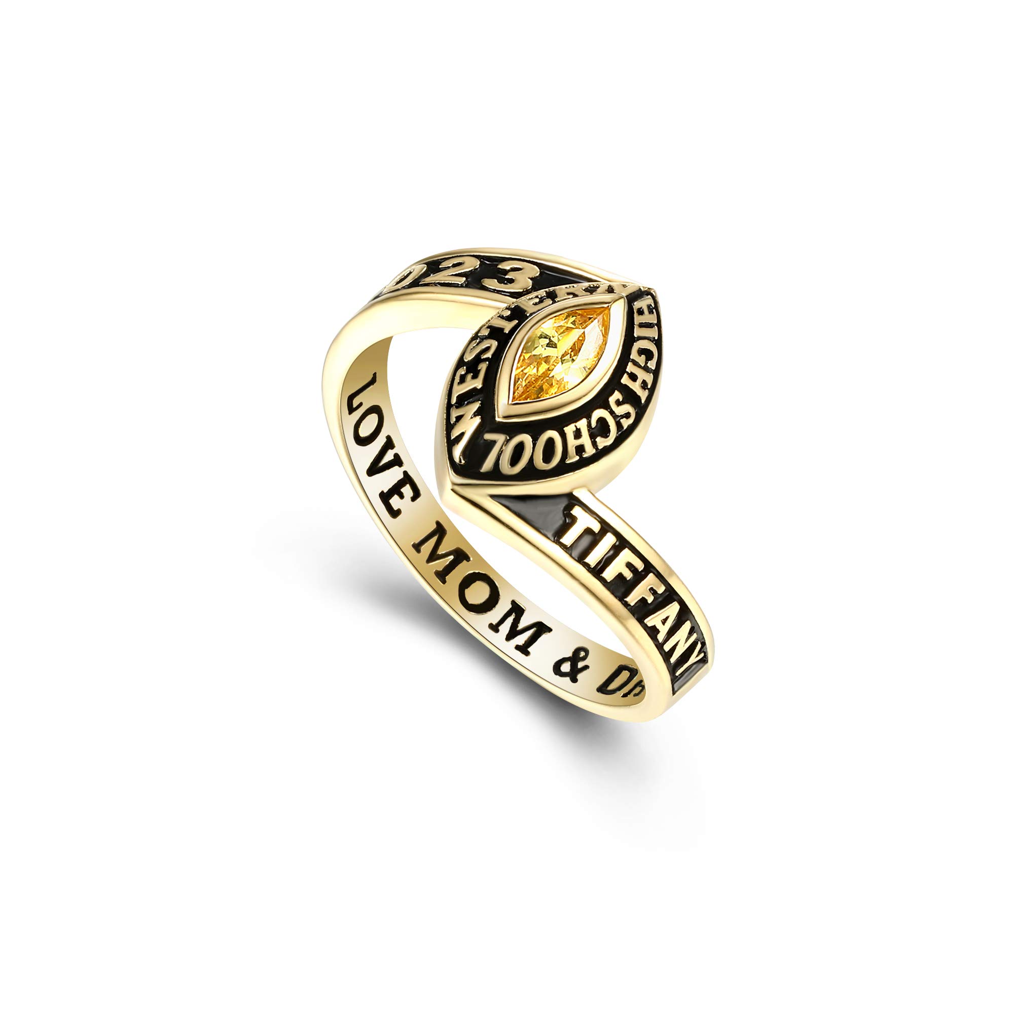 PJM Customized Sterling Silver Ladies High School and College Class Ring – Fashion Collection – Fully Personalized (10kt Yellow Gold, 5)