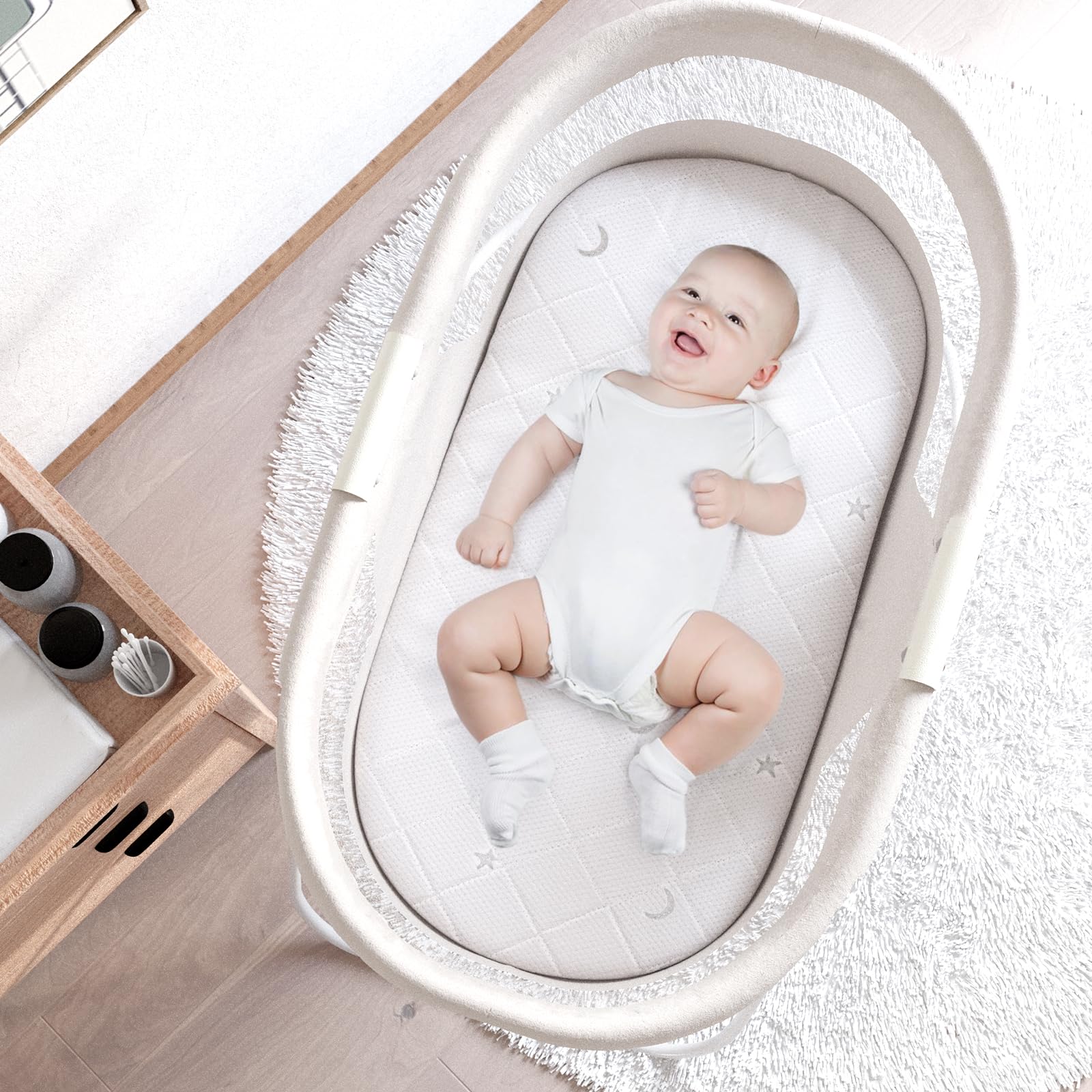 Waterproof Bassinet Mattress Pad Cover Compatible with Halo Bassinest Swivel, Glide Sleeper, Waterproof Bassinet Mattress Protector, Breathable Proven to Reduce Suffocation Risk, Grey Star