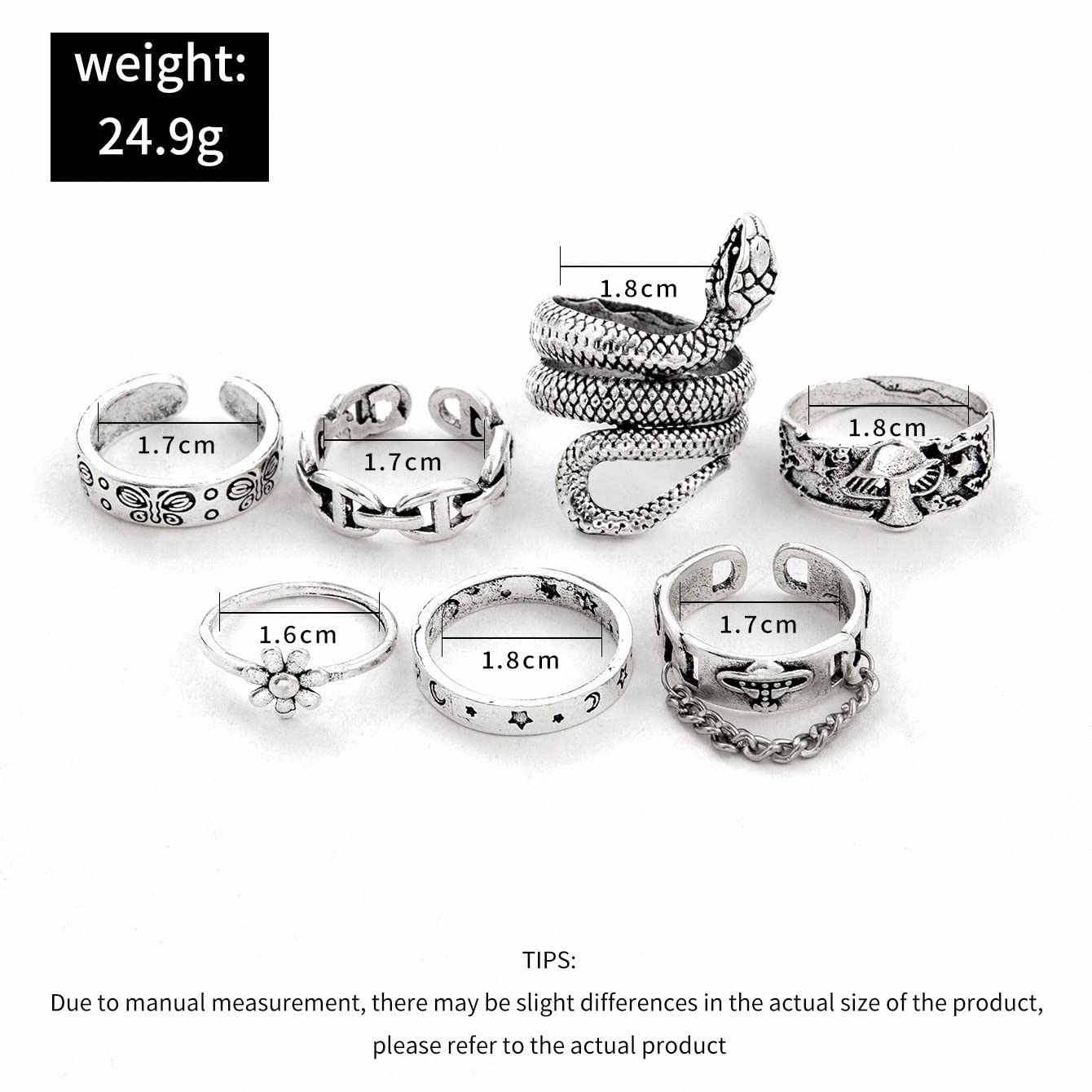 Silver Knuckle Rings Set Chunky Rings Aesthetic Snake Grunge Stackable Gothic Ring Adjustable Y2k Punk Bulky Boho Finger Alt Of Rings, Stacking Heart Star Flower Midi Ring Pack For Women Men, Chunky Rings Aesthetic Snake Grunge Stackable Gothic Ring Adjus